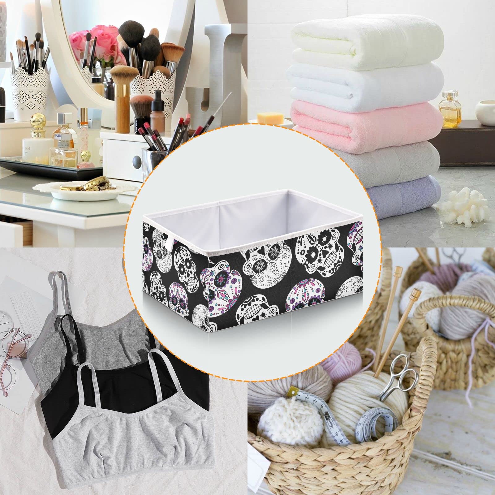 Sugar Skulls Flowers Basket Cube Storage Bins Fabric Storage Baskets Collapsible Decorative Storage Box with Handles Organizer Bag for Shelf Closet Toy Gift 15 x 11 x 7