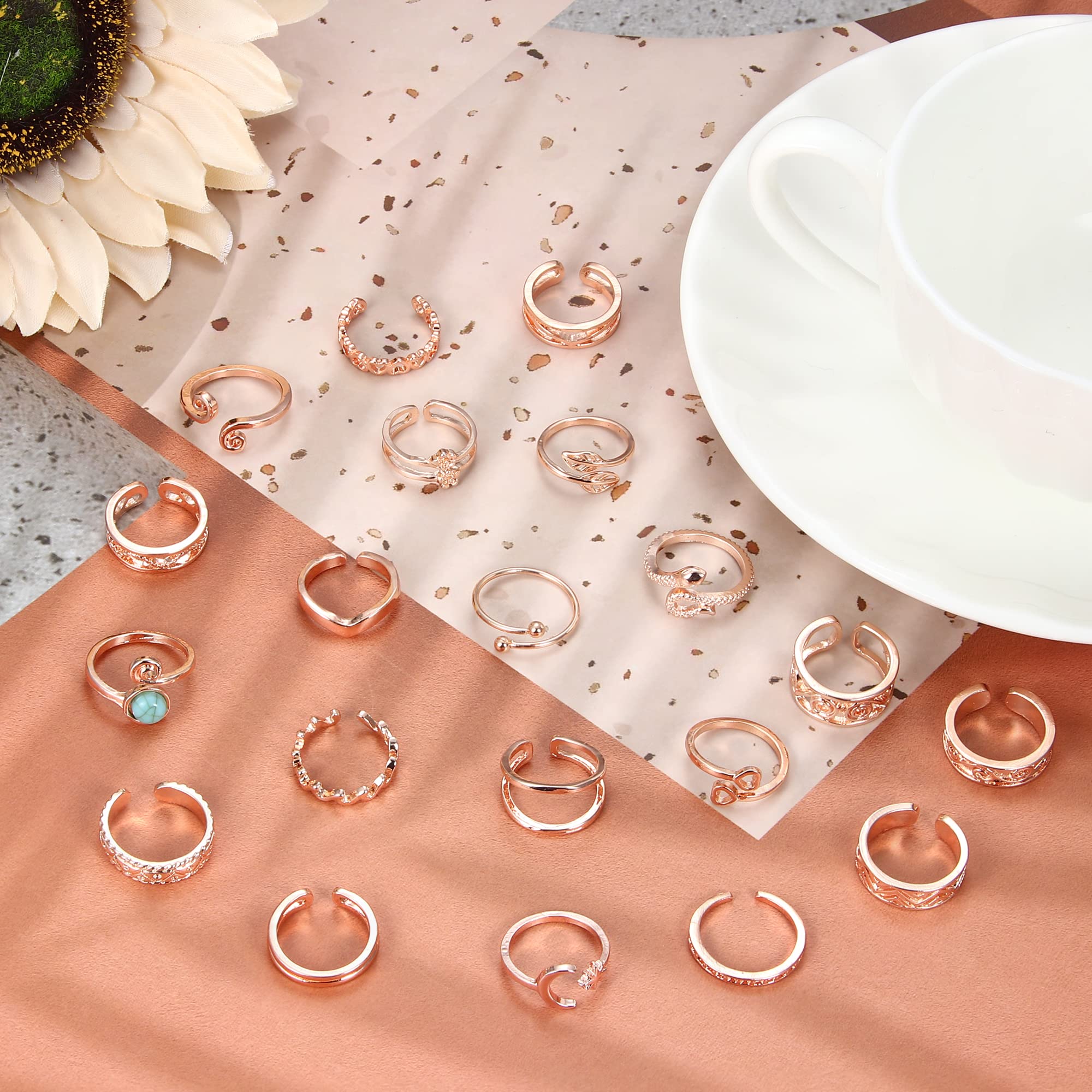 Subiceto 20pcs Adjustable Toe Rings for Women Moon Star Wave Heart CZ Band Leaf Gold Silver Rose Gold Tone Beach Open Toe Ring Set RG