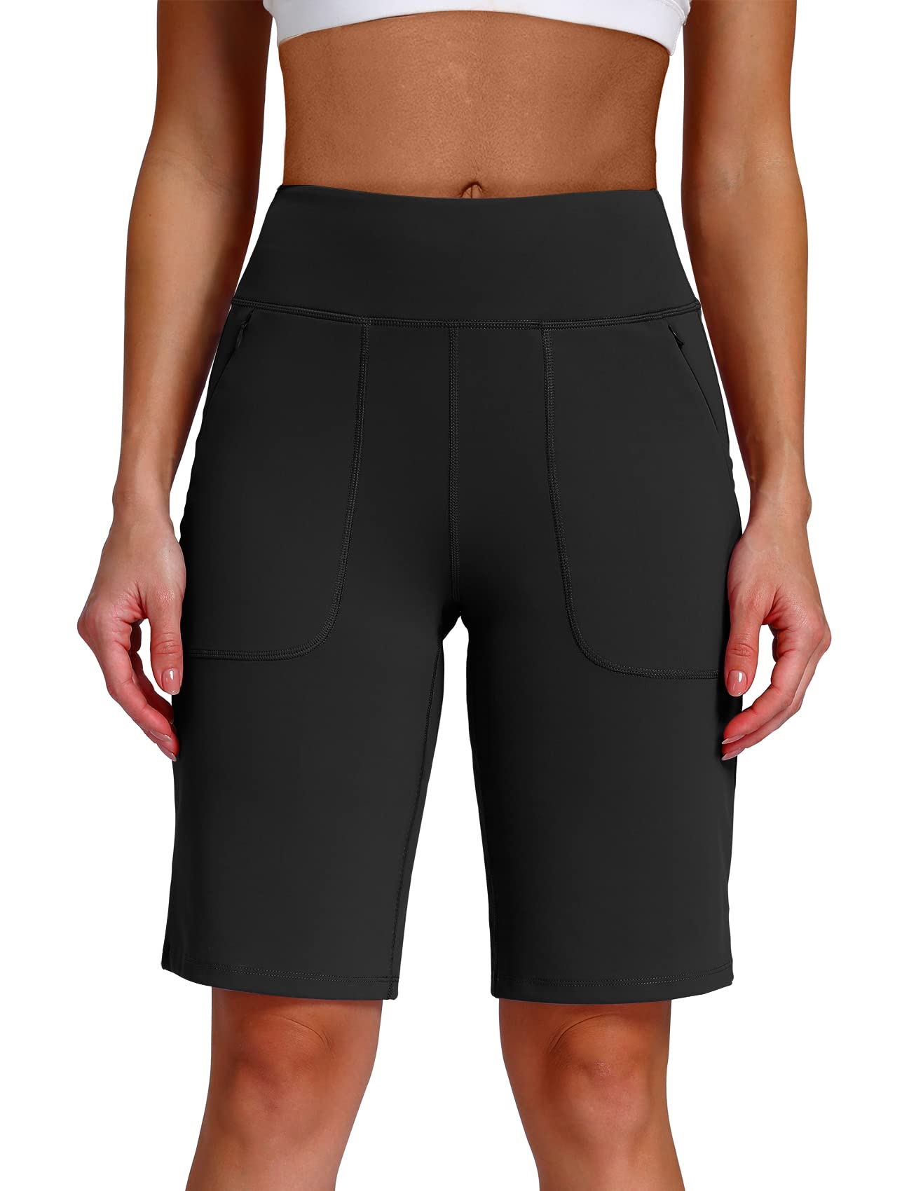 XIEERDUO Women's 10" Bermuda Shorts Long Athletic High Waisted Running Shorts with Zipper Pockets for Walking Casual Summer Black L