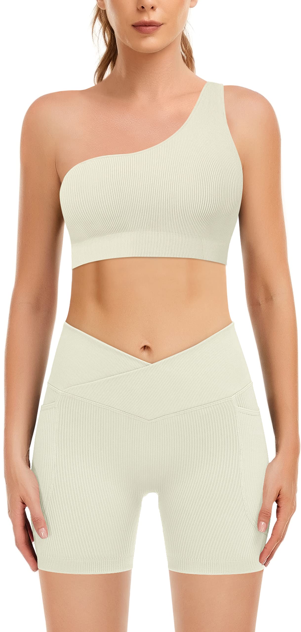 Yoga Workout 2 Piece Seamless Sets with Ribbed Design for Women, No Sleeves with One Shoulder Straps Top