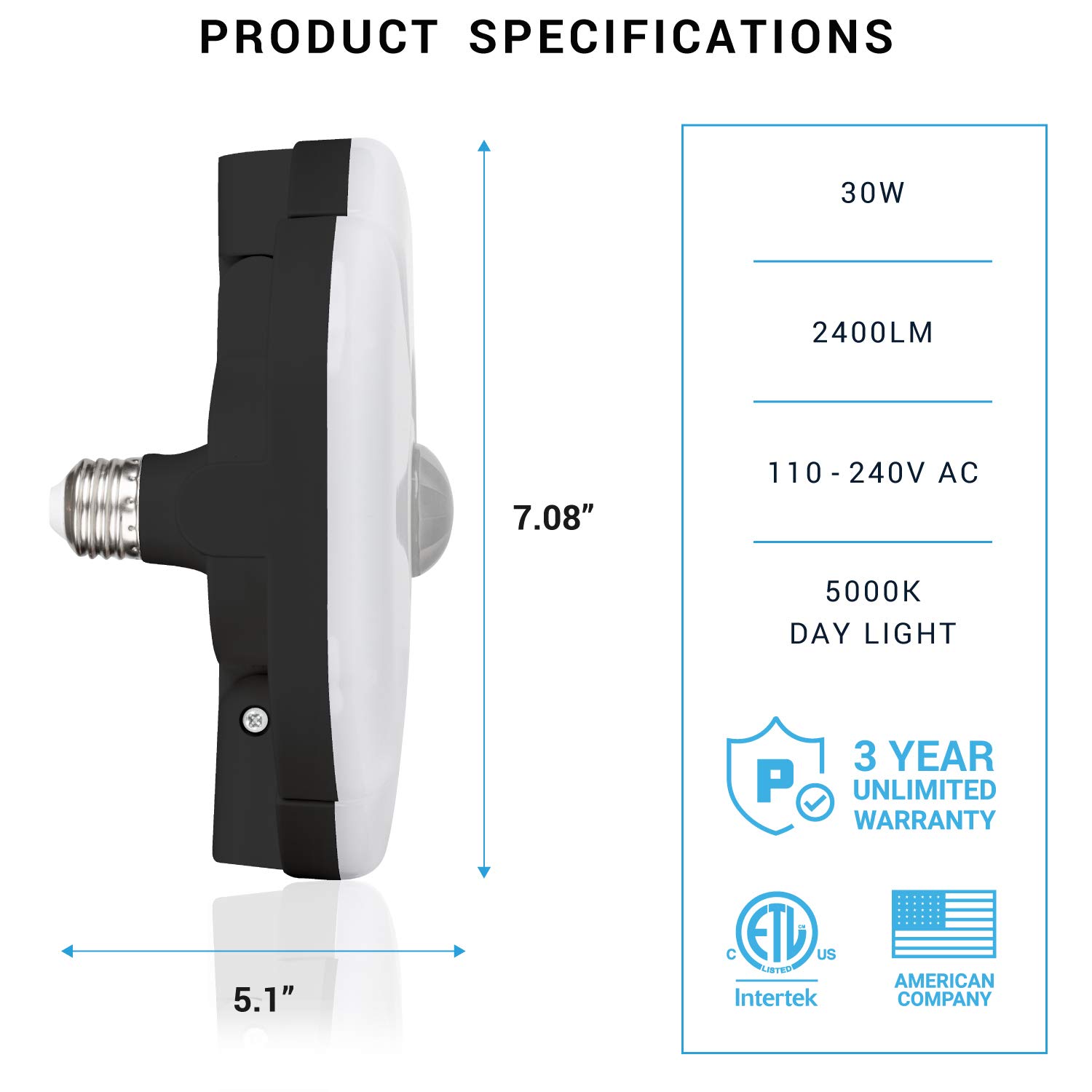 PARMIDA LED Garage Light, Motion Activated, 30W Shop Work Light, E26/E27 Medium Base, 4 Adjustable Panels, Dusk to Dawn Motion Sensor, 5000K, Indoor/Outdoor Screw in Ceiling Light, ETL - Black, 2 Pack