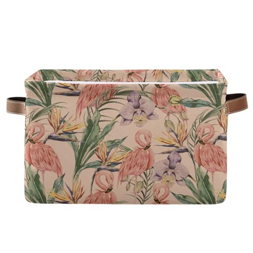 Tropical Flowers Jungle Flamingos Storage Basket Bins Decorative Toy Organizer Bins Laundry Hamper Baskets with Handles for Bedroom Office Clothes Pet Nursery Living Room,1 pcs