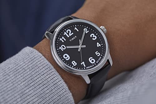Timex Men's Easy Reader Bold 43mm Watch β Silver-Tone Case Black Dial with Black Leather Strap