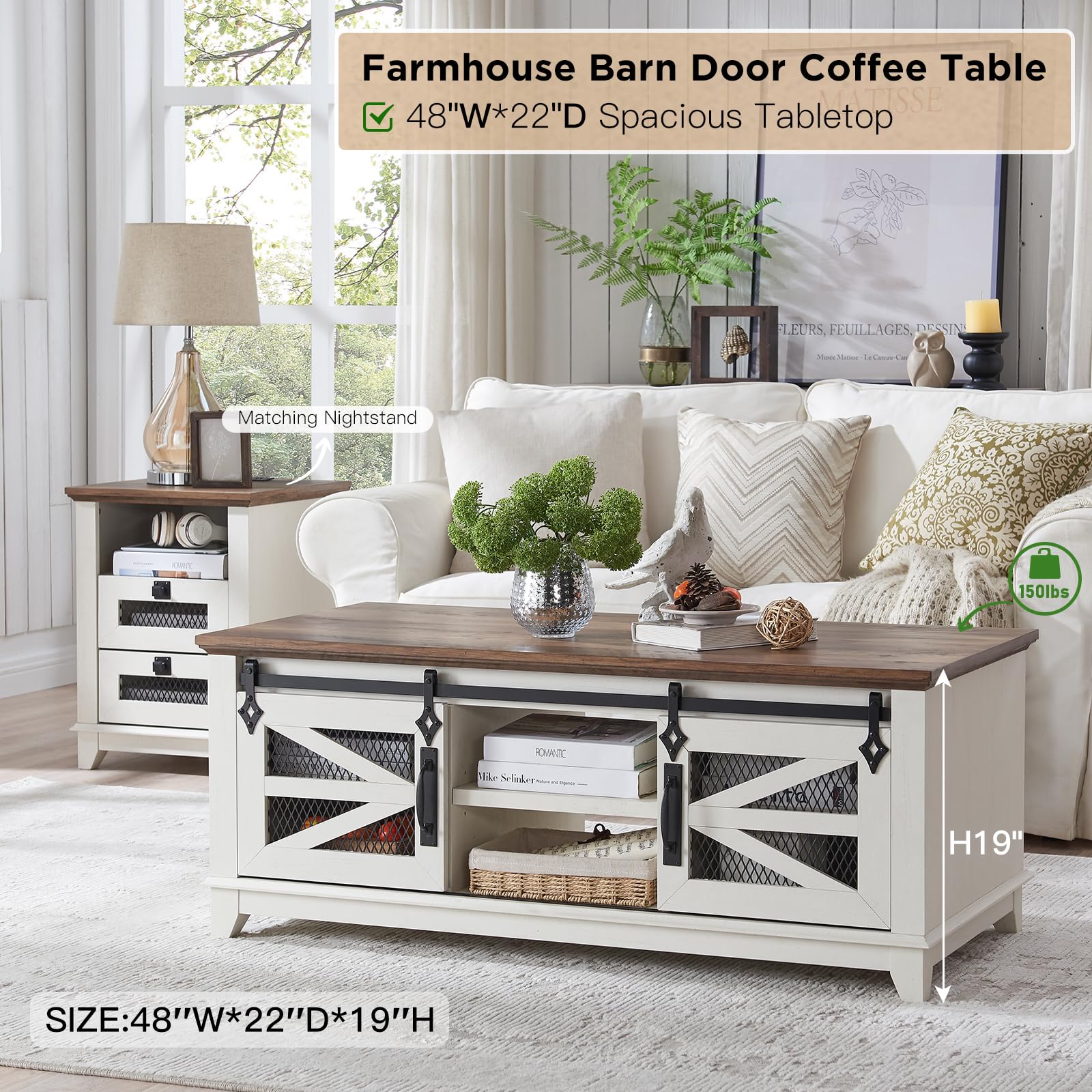 OKD 48'' Coffee Table with Storage & Sliding Barn Doors, Farmhouse & Industrial Cocktail Table w/Adjustable Shelves, Rectangular Rustic Living Room Table for Living Meeting Room, Reclaimed Barnwood