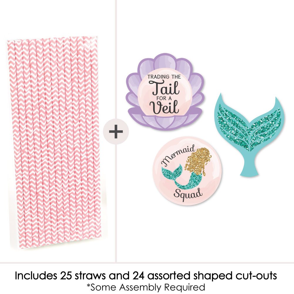 Trading The Tail for A Veil - Paper Straw Decor - Mermaid Bachelorette Party or Bridal Shower Striped Decorative Straws - Set of 24