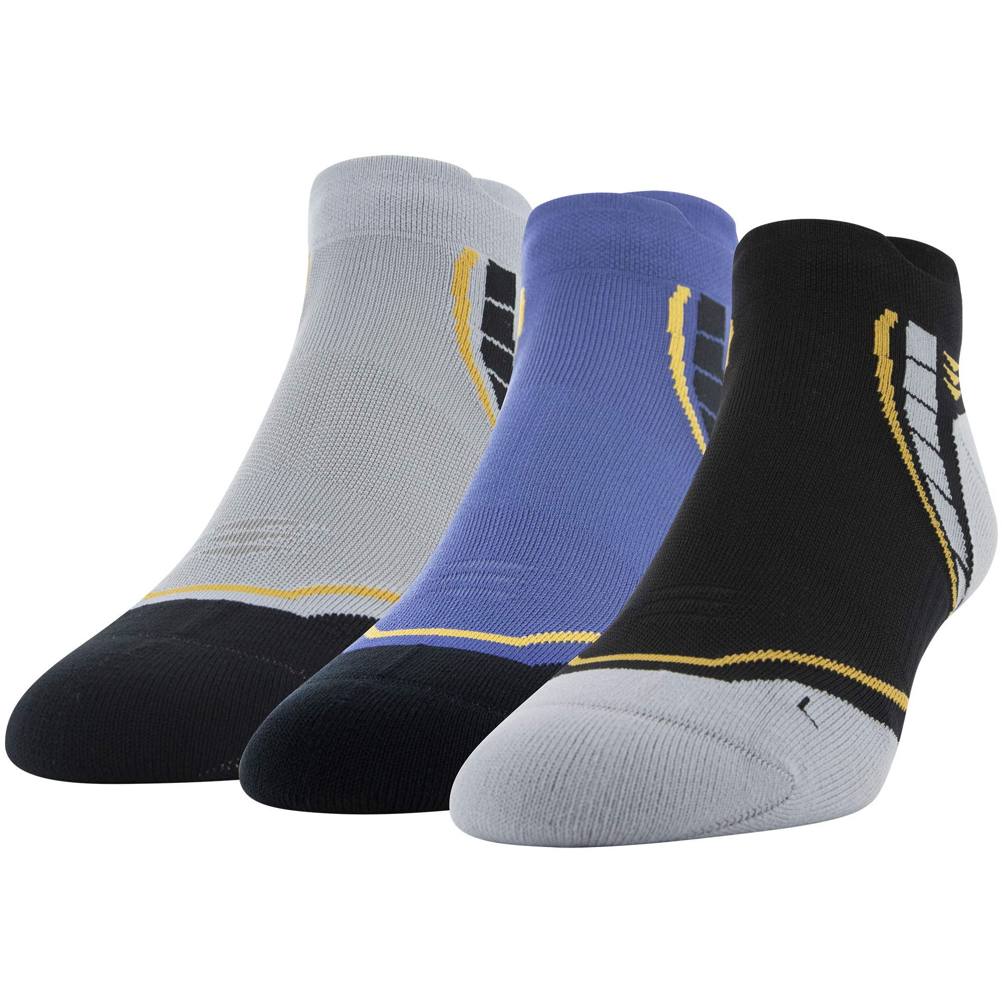 PowerSox Men's ApexPro Double Tab No Show Socks, 3 Pairs, Grey/Royal/Black, Shoe Size: 9-12.5