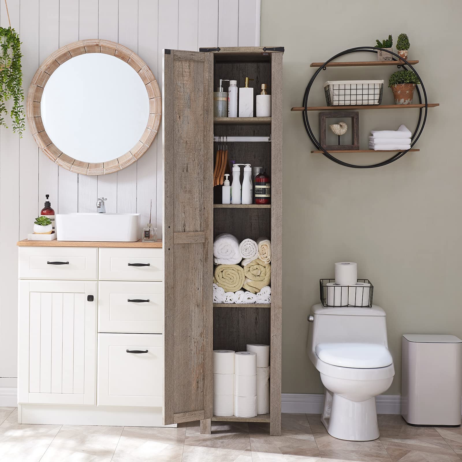 OKD Storage Cabinet, Farmhouse Bathroom Organizer w/Adjustable Shelves, Narrow Kitchen Pantry w/Barn Door, Versatile Storage w/Hanging Rod for Home, Laundry, Utility Room, Light Rustic Oak