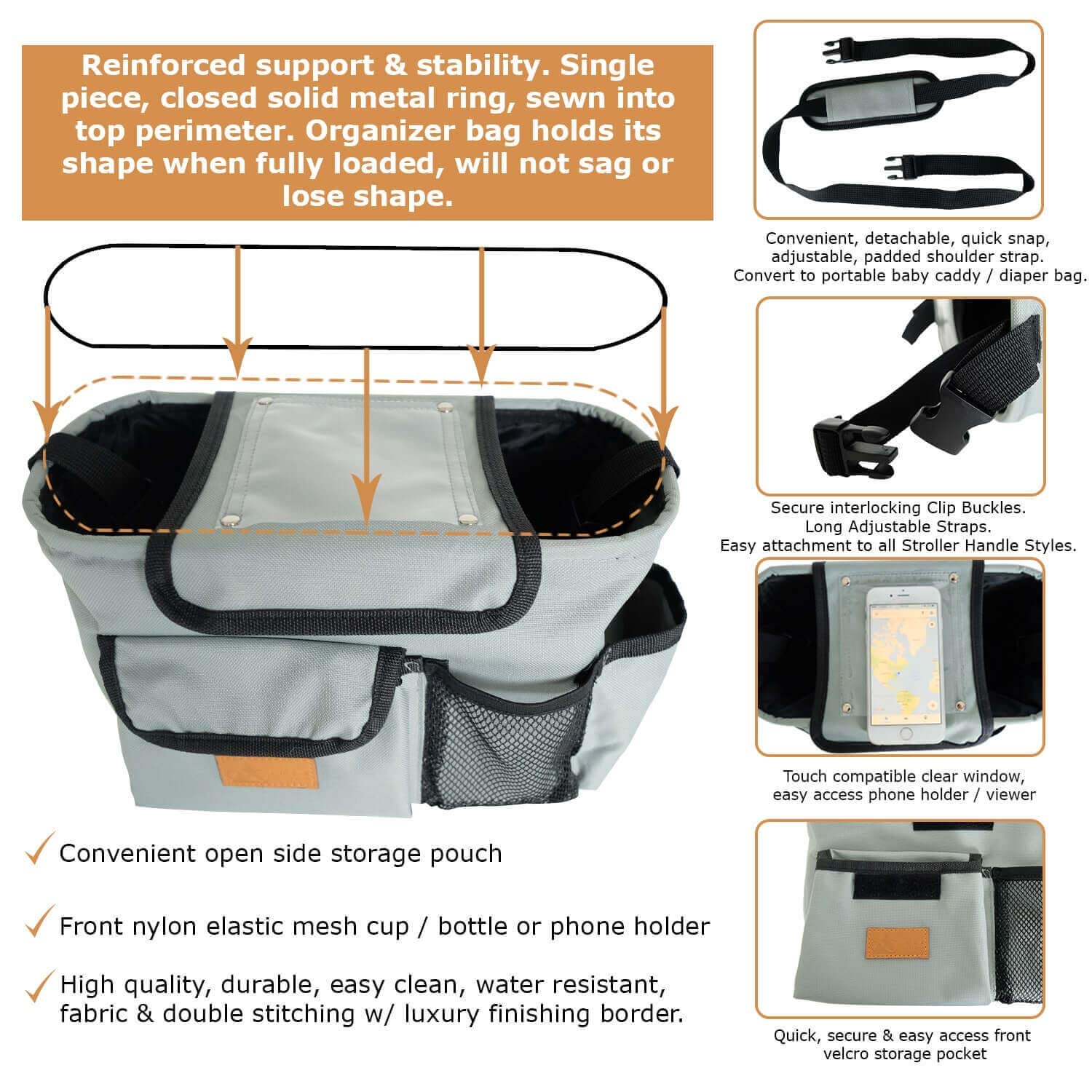 Stroller Organizer With Cup Holders - Carry-All Parent Organizer | Universal Secure Fit, Extra Storage, Easy Installation, Non-Slip | Stroller Accessories Bag | Caddy Parent Console | Shower Gift