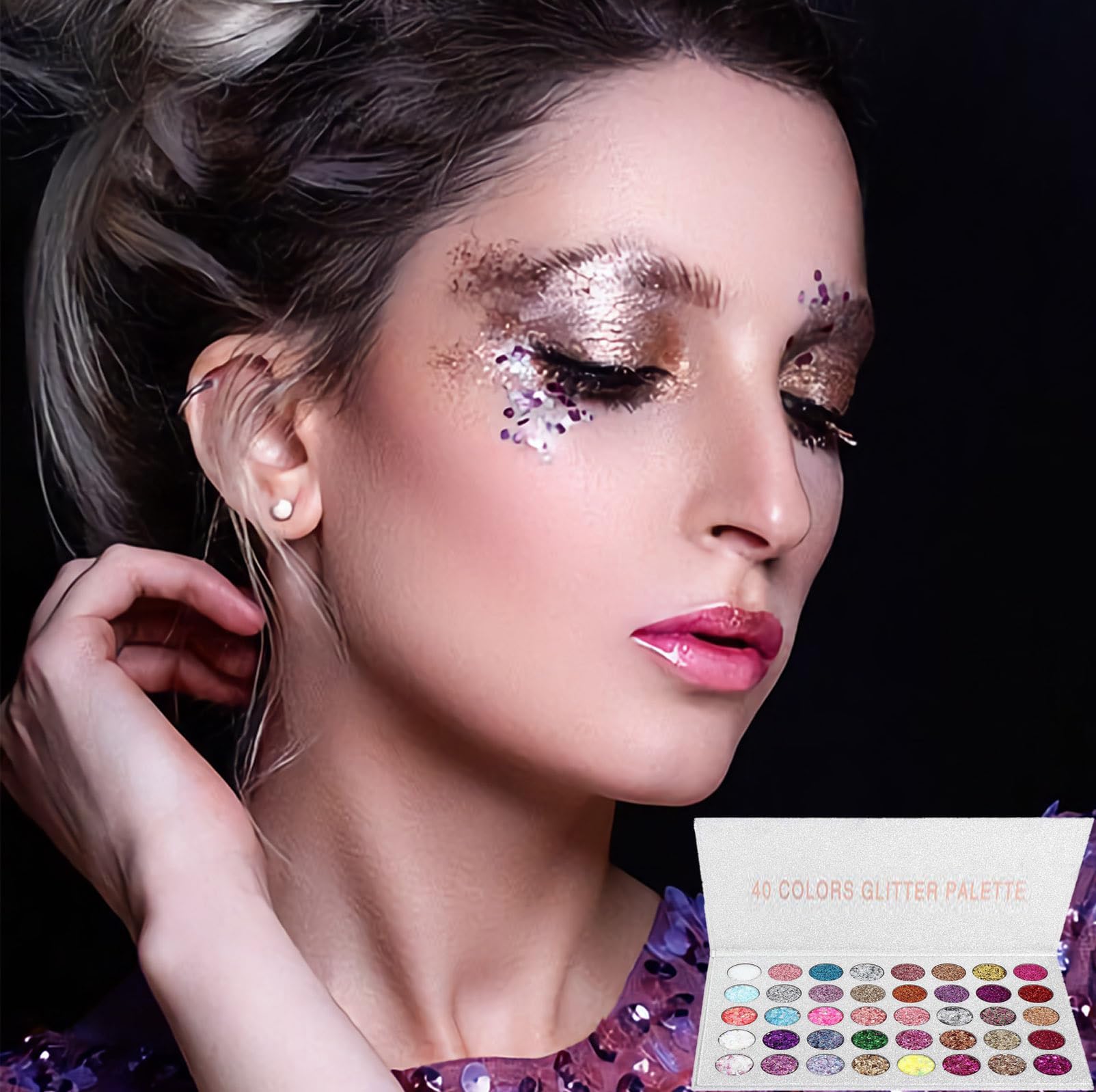 SUMEITANG 40 Colors Pressed Chunky Glitter Eyeshadow Palette, Self Adhesive Glue Gel Glitter Highly Pigmented Colourful Shimmer Glitter Eye Shadow Pallet For Women Girls Long Lasting Sparkle Makeup
