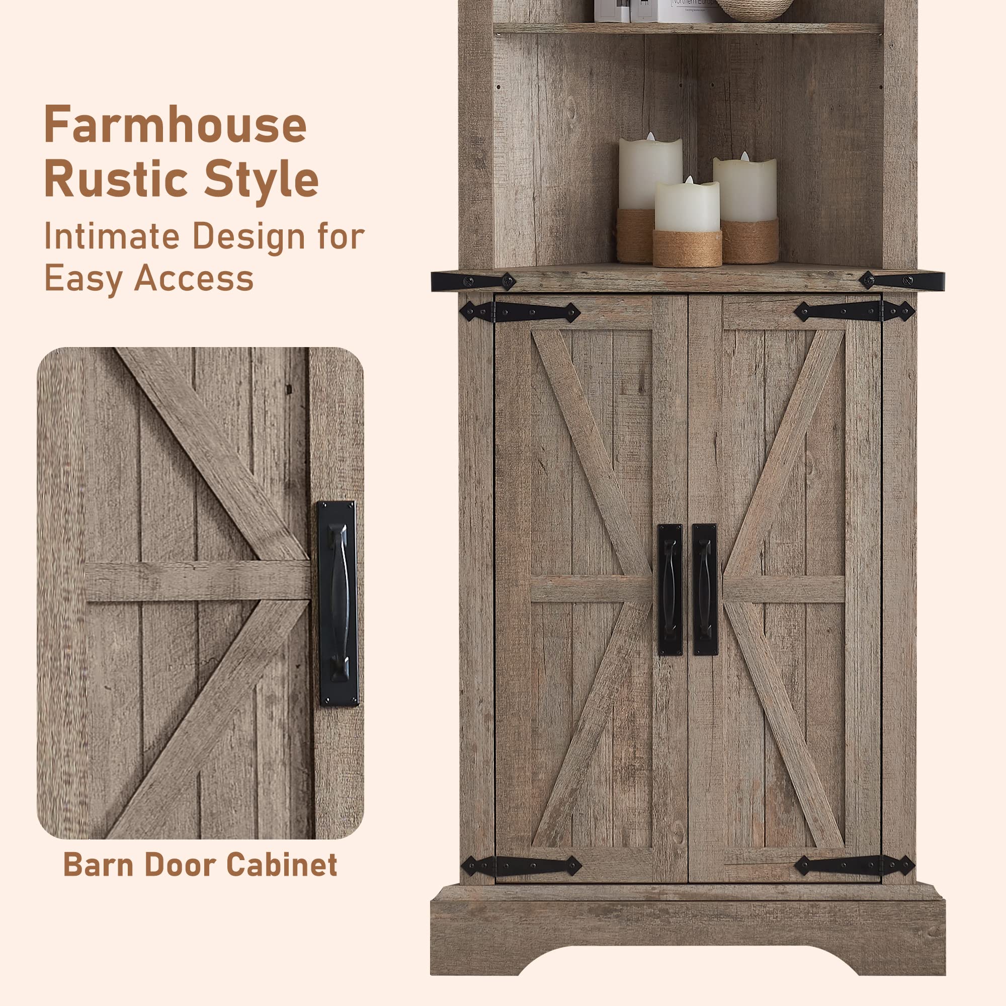 OKD Tall Corner Cabinet, Farmhouse Storage Cabinet with Barn Door Design & Adjustable Shelves, Home Space Saver for Bathroom, Living Room, Light Rustic Oak