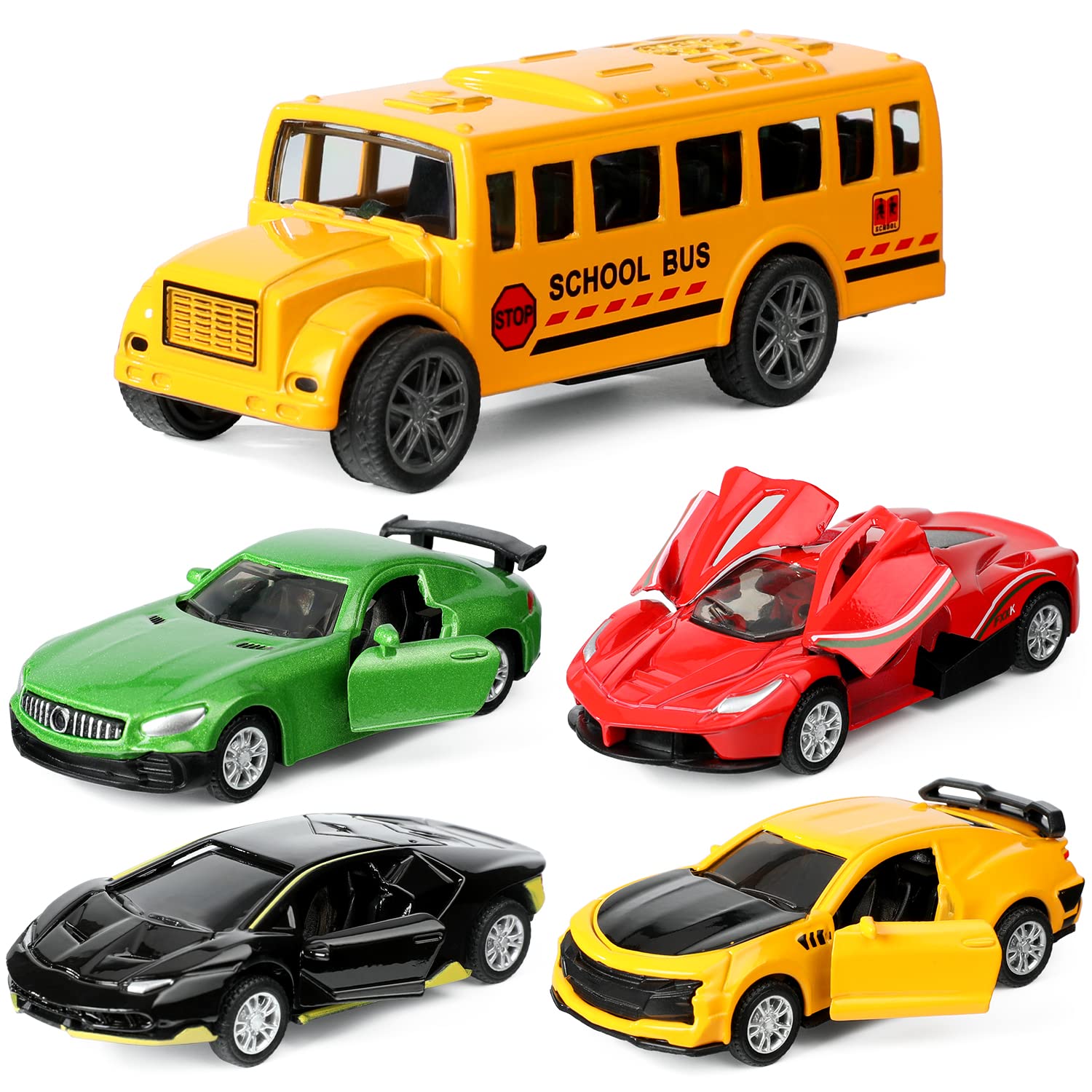 weilaga 5 PCS Die-cast Pull Back Vehicles,Mini Alloy Metal Models Car Toys,School Bus Toys,Police Car with Openable Doors for Kids Boys Girls