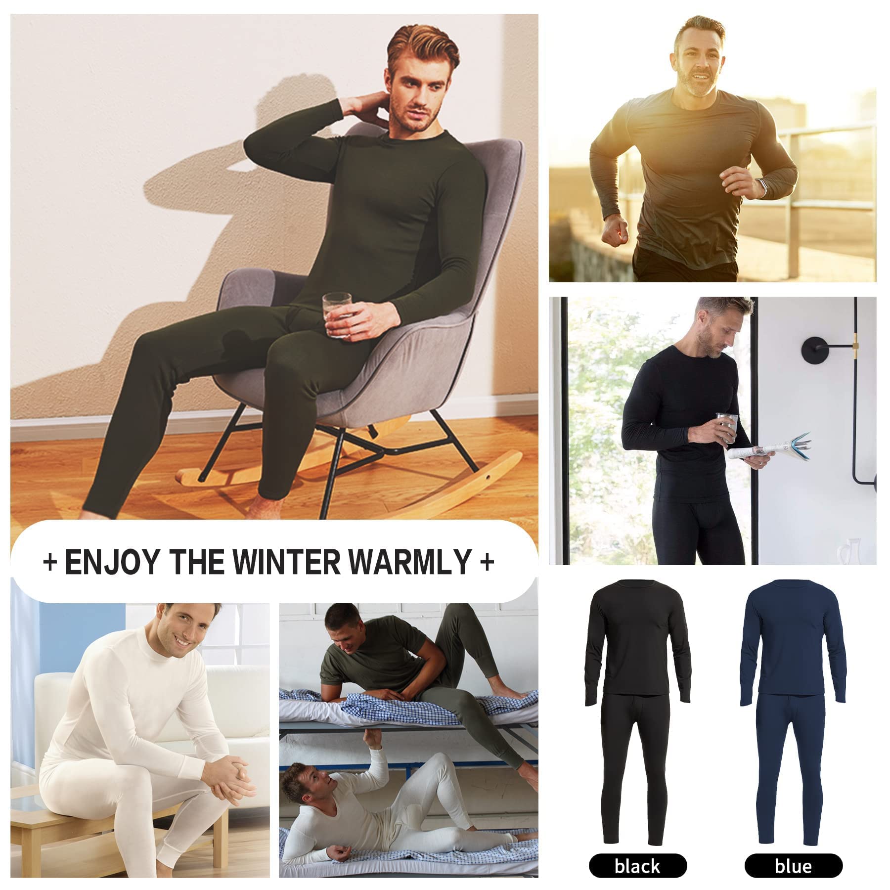 Zando Mens Long Johns Thermal Underwear Set Fleeced Lined Base Layer Men Cold Weather Mens Long Sleeve Thermal Shirt and Bottom Heated Base Layer Thermal Shitrs for Men Navy Blue Medium