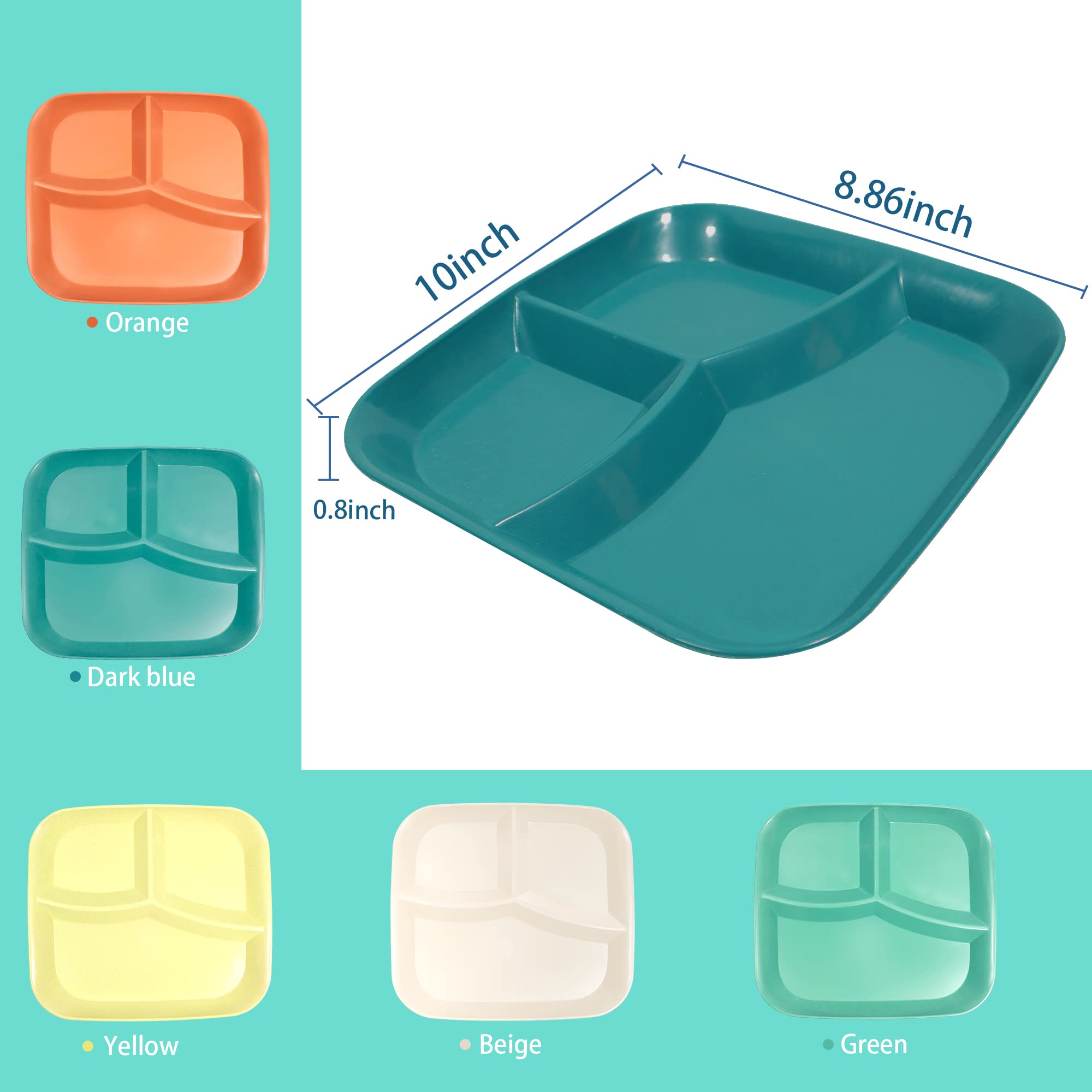 YUESHENGHAO 10 Inch Wheat Portion Control Dinner Plates, 5 Unbreakable Adult Separate Plates, 3 Compartment Square Kids Food Divider Plates Microwaveable, Great For Healthy Eating And Weight Loss