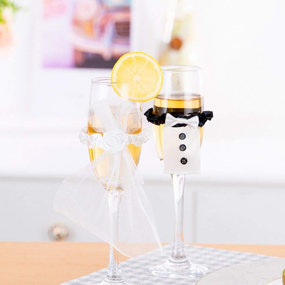 Wedding Wine Bottle Cover Bride Groom Wedding Champagne Glass Cover Decoration Wedding Dress Table Decor Set of 2