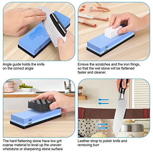 Whetstone Knife Sharpening Stone 4 Side Grit 400/1000 3000/8000, Professional Whetstone Knife Sharpener, Knife Sharpening Kit with Non-Slip Bamboo Base, Leather Strop, Flattening Stone & Angle Guide