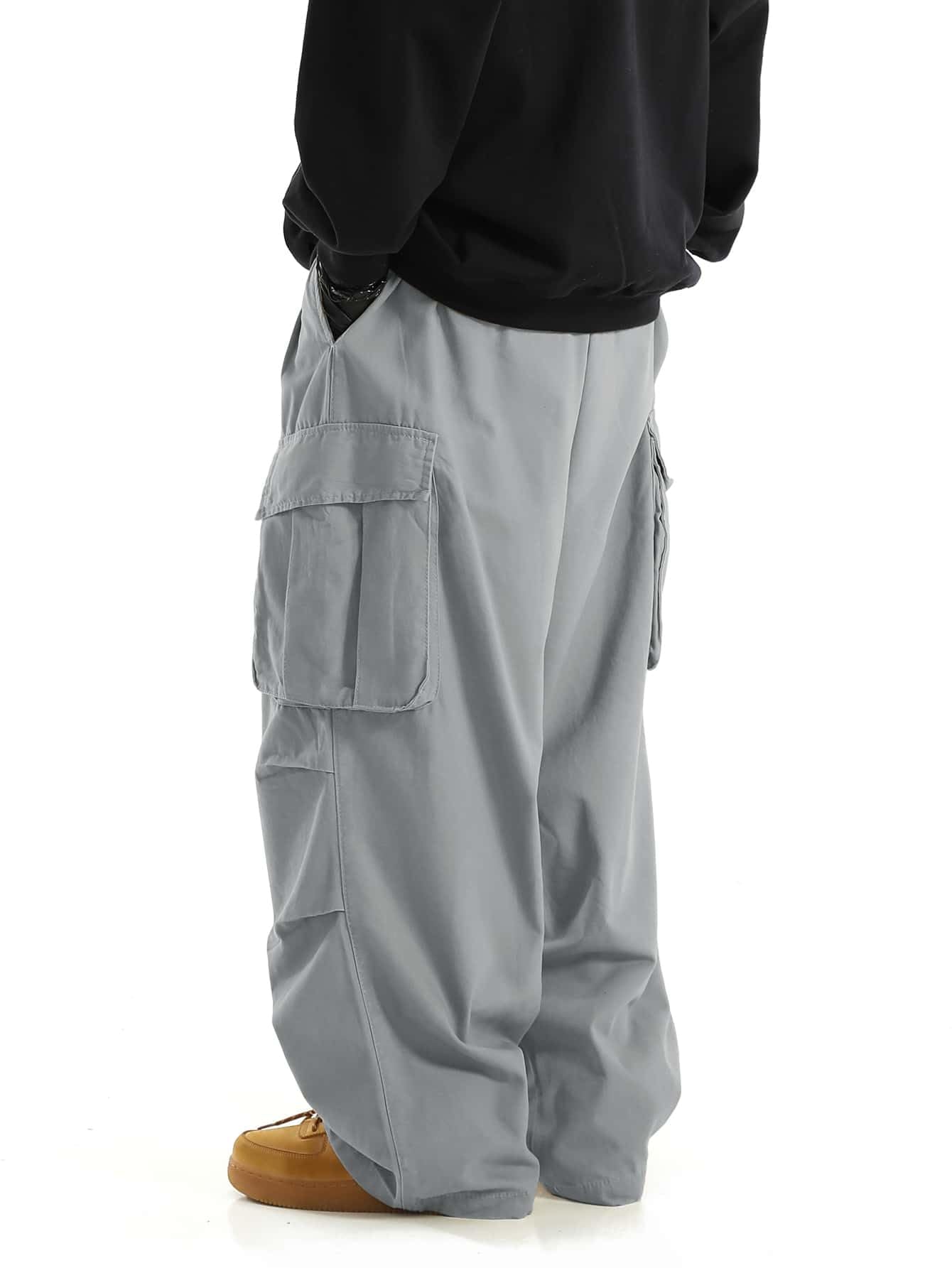 OYOANGLE Men's Drawstring Elastic Waist Flap Pockets Streetwear Baggy Cargo Pants Joggers Hiking Trousers Light Grey L