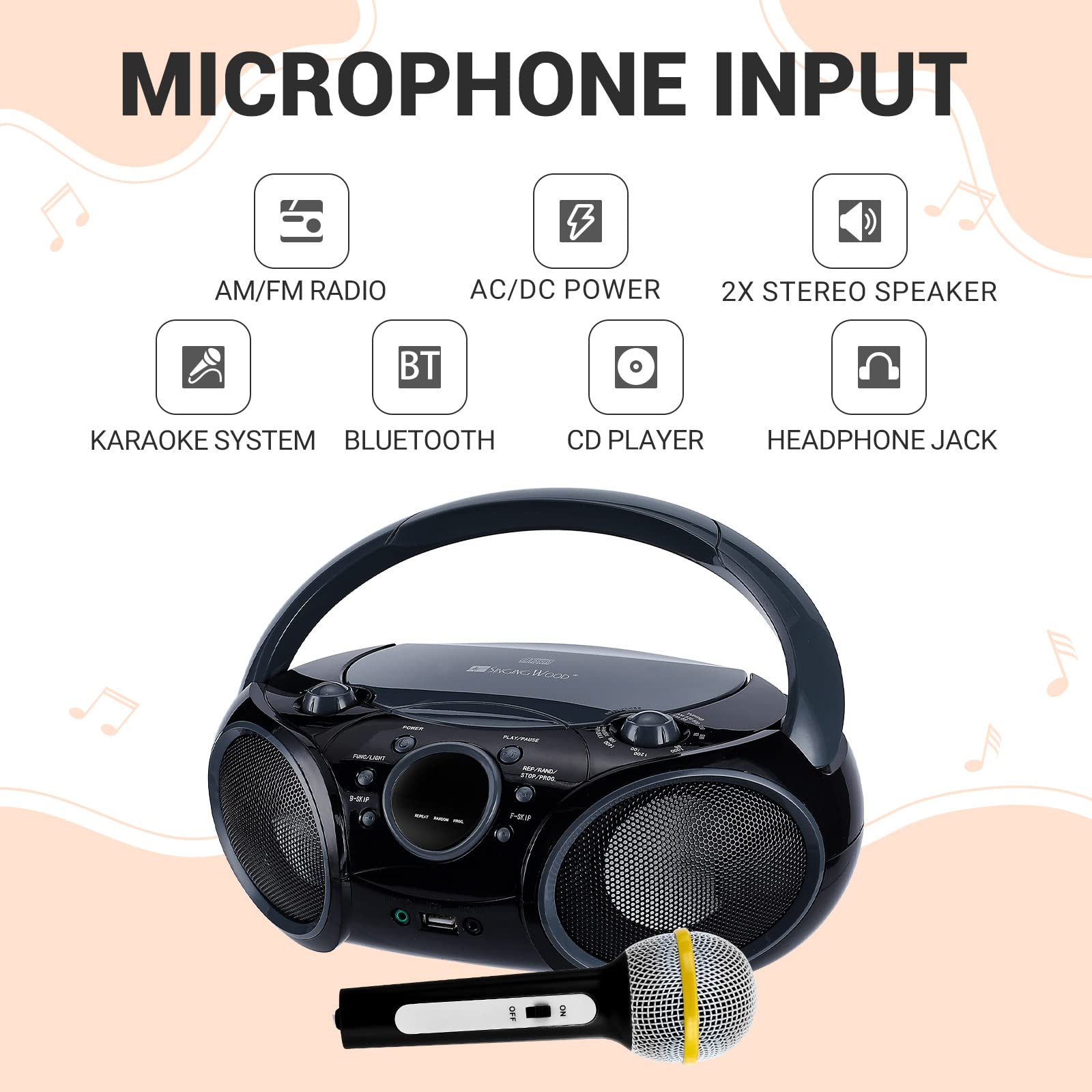 SingingWood NP030AB-CV Portable Karaoke System, Portable CD Player Boombox with Wireless for Home AM FM Stereo Radio, Headphone Jack, Portable Karaoke Supported AC or Battery Powered - Violet