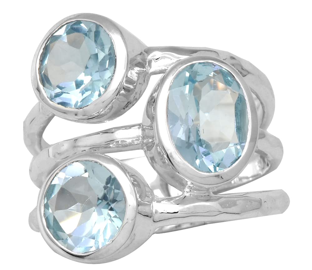 YoTreasure Solid 925 Sterling Silver Natural Blue Topaz Three Stone Ring