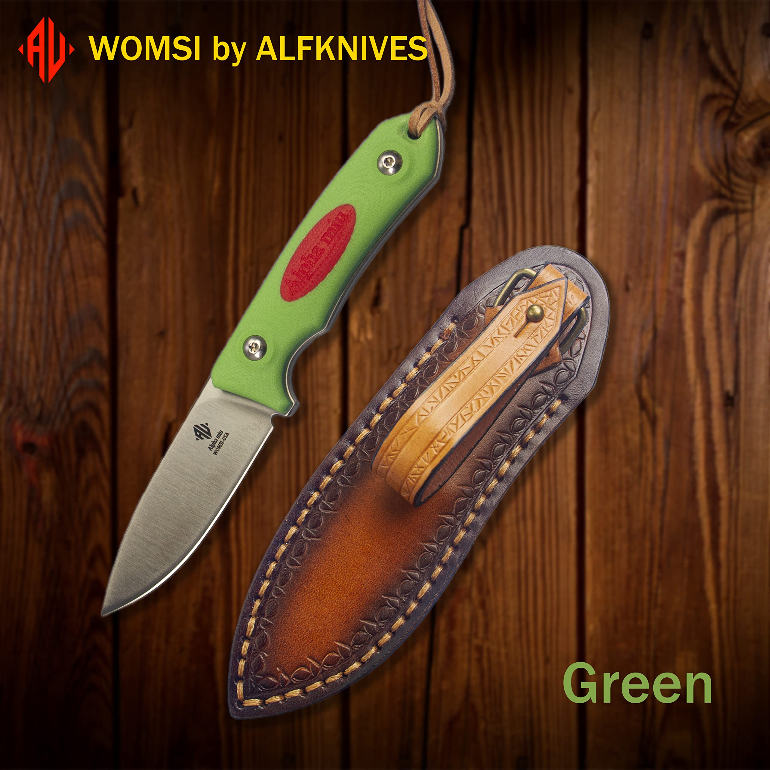 WOMSI Hunting Knife,Full Tang 6.57",DPS15-S Power Steel Blade,Sonorous&durable G10 Handle with Leather Sheath(Green)