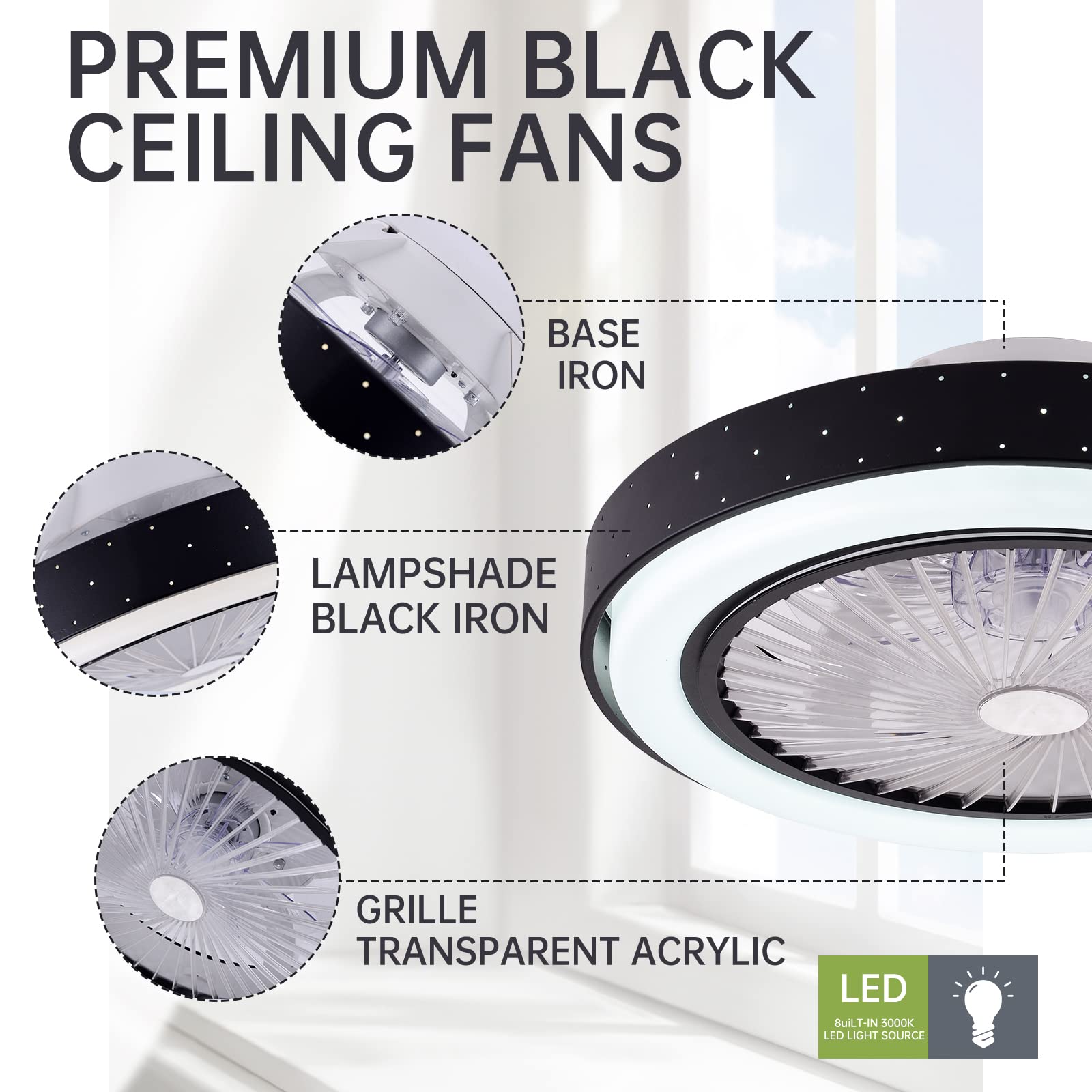 POWROL Ceiling Fans with Lights Bladeless Low Profile Remote Control Enclosed Ceiling Fan LED 3 Colors Dimming 3 Speed 19''Flush Mount Fan Light Iron Black Timer 1H/2H for Bedroom