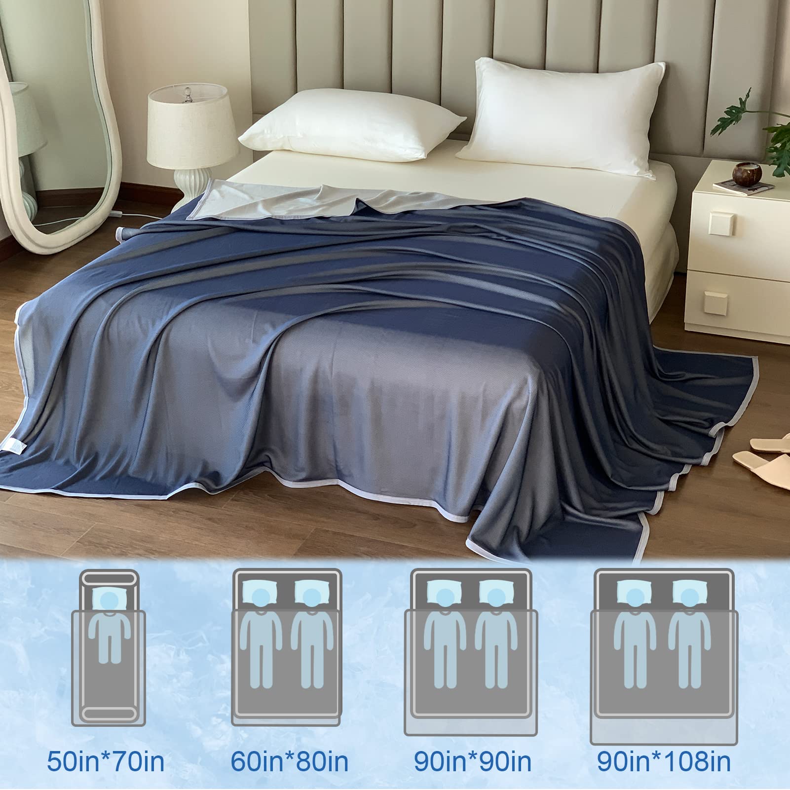 OMERAI Cooling Blanket for Hot Sleepers Breathable Cool Blanket Twin, Thin Summer Blanket Ultra Cooling Blankets for Night Sweats Soft Cooling Throw Blanket for Hot Flashes, 60"x80" Grey&Navy Blue