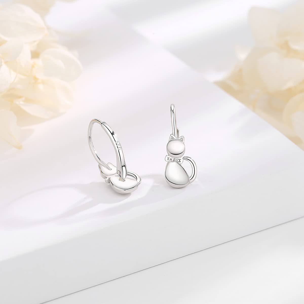 Vito Cat Stud Earrings for Women, 925 Sterling Silver Dainty Freshwater Pearl Kitten Ear Jewelry Gift for Cat Lover