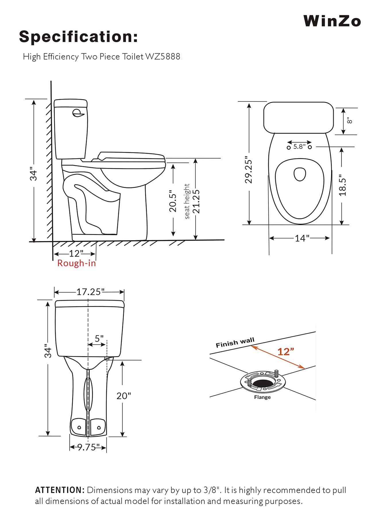 WinZo WZ5888 Elongated Two Piece Toilet with Extra Tall Bowl 21.25β Comfortable 1.28 GPF Side Flush White