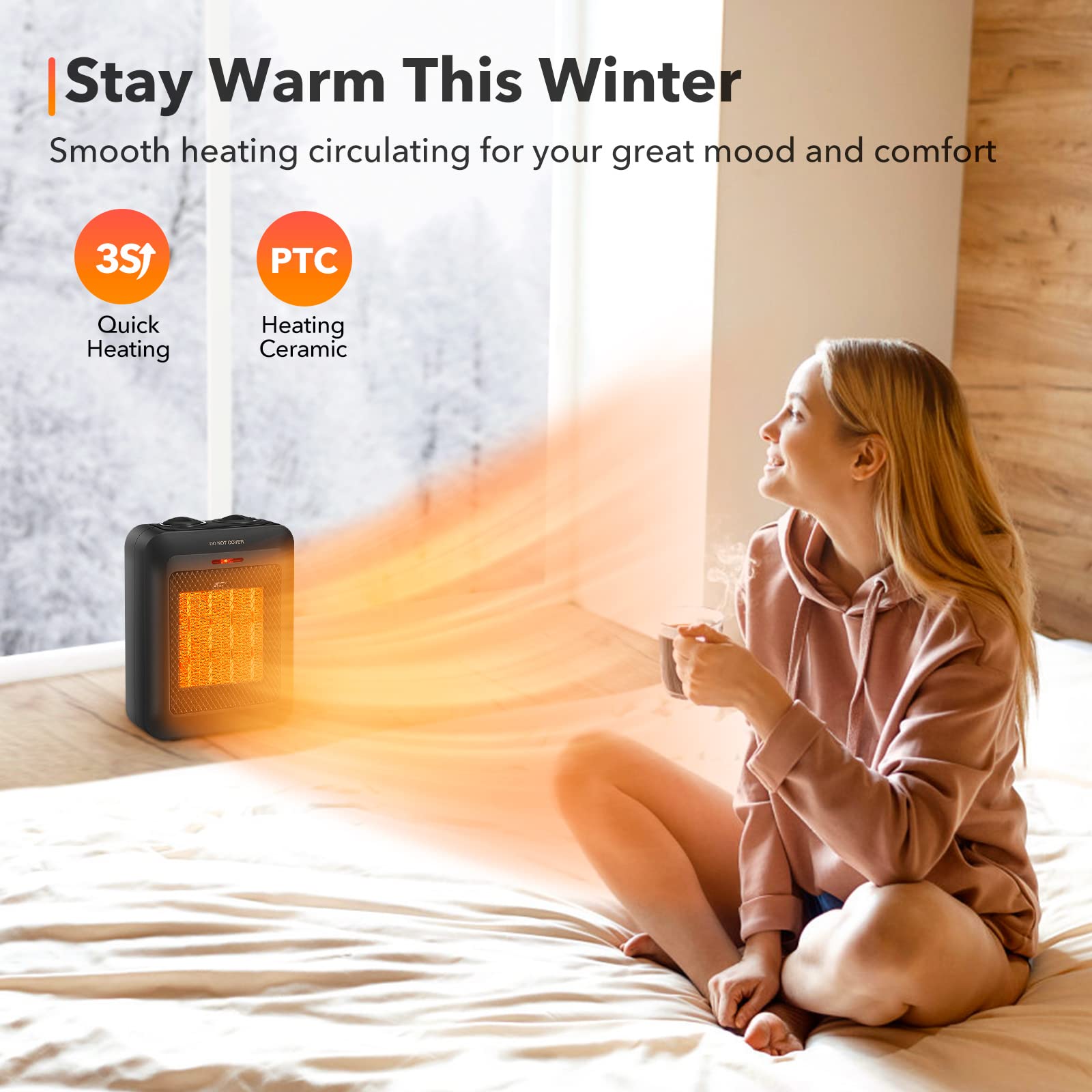 Portable Electric Space Heater - 1500W/750W Ceramic Room Heater with Tip Over and Overheat Protection, 200 Square Feet Fast Heating for Indoor Desk Office Floor, Black