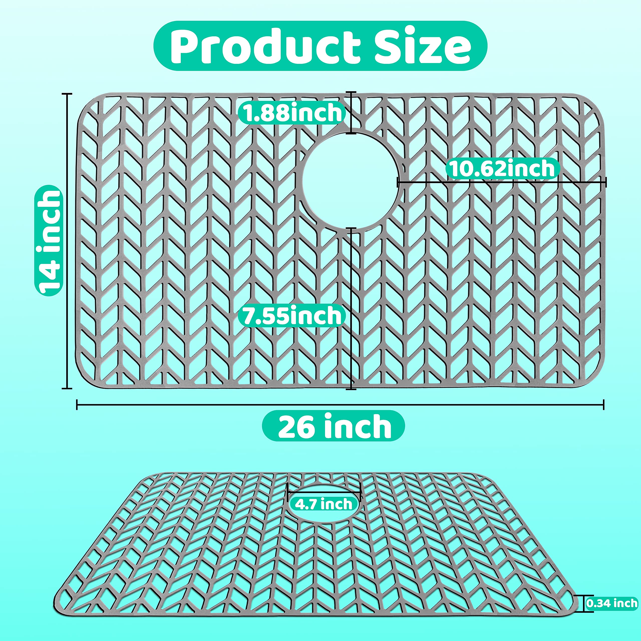 Sink Silicone Protector for Kitchen Sink 26''x14'' ,Back Drain Kitchen Sink Grid Fitting, Heat Resistant Non-Slip, Farmhouse Stainless Steel Porcelain Sink Bottom Sink Mat