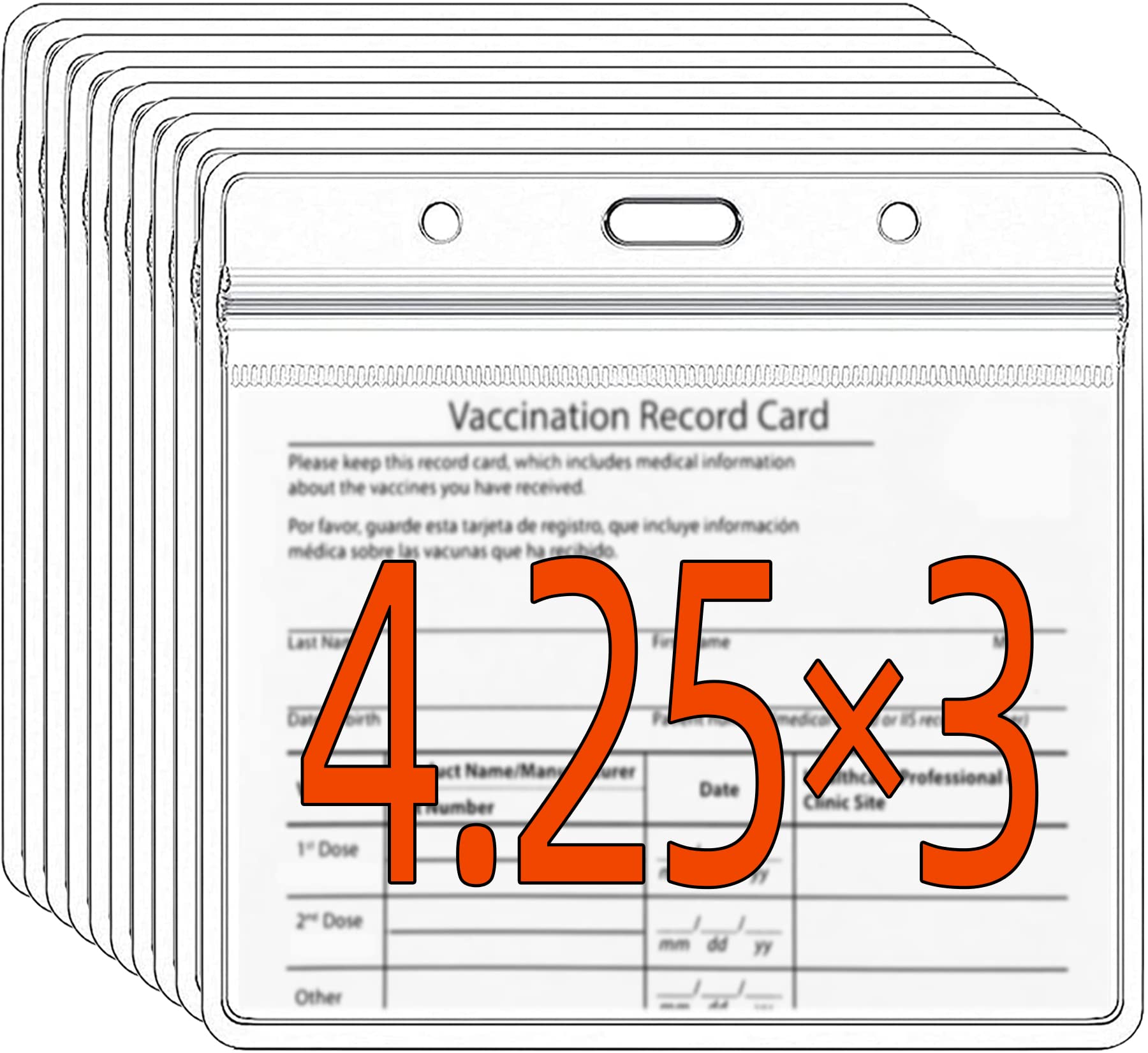 SUIXINFARO Waterproof Vaccination Card Protector, 10 Pack Plastic ID Holder for Card, Clear Sleeves with Hole Slots Lanyards, Vax Document Holders Resealable Zip, PVC - 4.25''x3'', Transparent