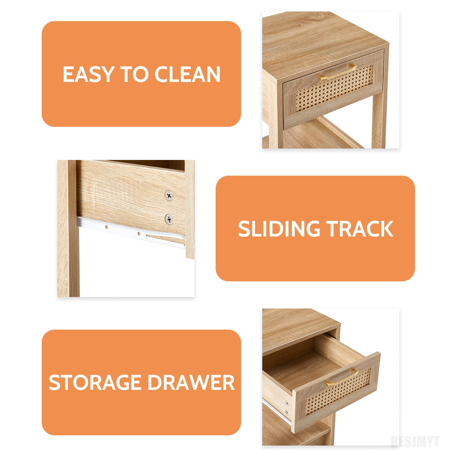 Nightstand with 1 Drawer, Modern Rattan End Table with Drawer and Solid Wood Legs,Side Table with 1 Open Storage Space for Living Room Bedroom, Natural