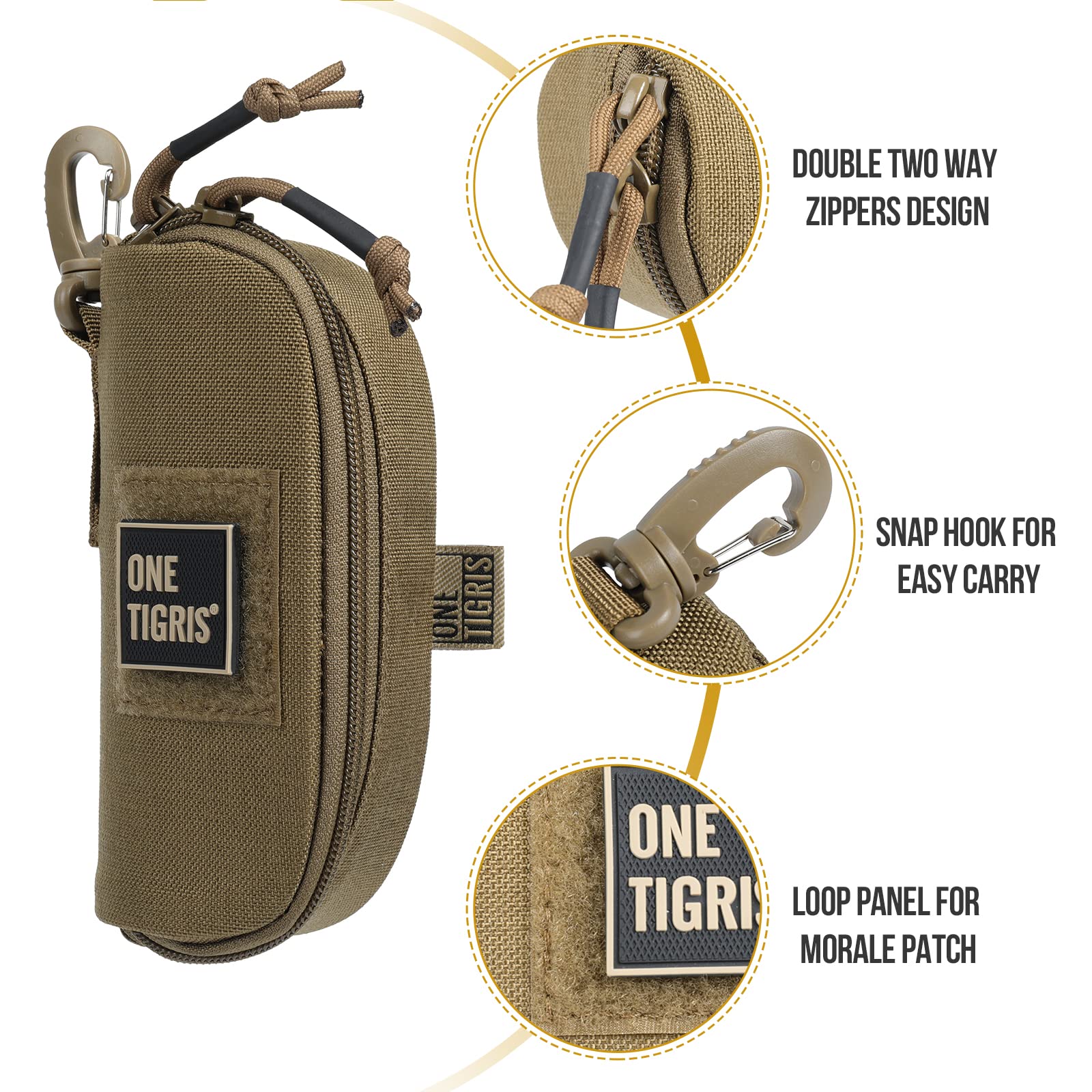 OneTigris Eyeglasses Hard Case Tactical Molle Zipper Sunglasses Carrying Case 1000D Nylon with Clip (Coyote Brown)