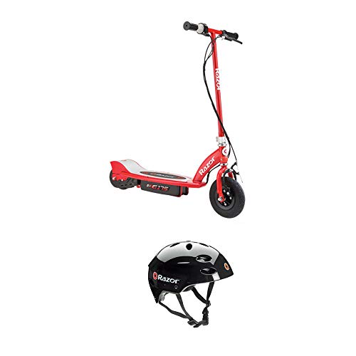 Razor E175 Motorized Rechargeable Electric Power Scooter with Acceleration Control and Front Brake, Red & V17 Youth Size Sport Safety Helmet, Black
