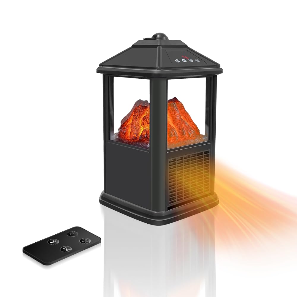 Portable Small Electric Fireplace Heater 3-Color Flame 900W Freestanding Space Heater Mini Electric Stove Heater with 4 Sided 59-90β Thermostat 12h-Timer Remote Control Overheat&Tip-Over Protection