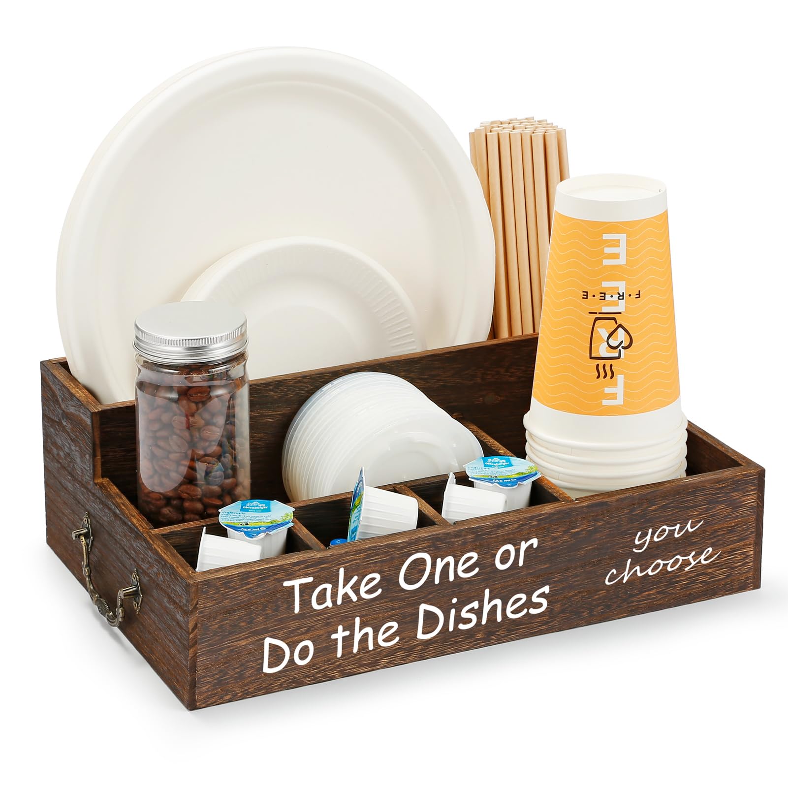 Stahala Paper Plate Holder for Kitchen Counter,Wood Utensil Caddy Organizer,Kitchen Silverware Caddy Holder for Cups,Forks,Spoons,Plates,Napkins,Utensil Holder Paper Plate Dispenser (Big Brown)