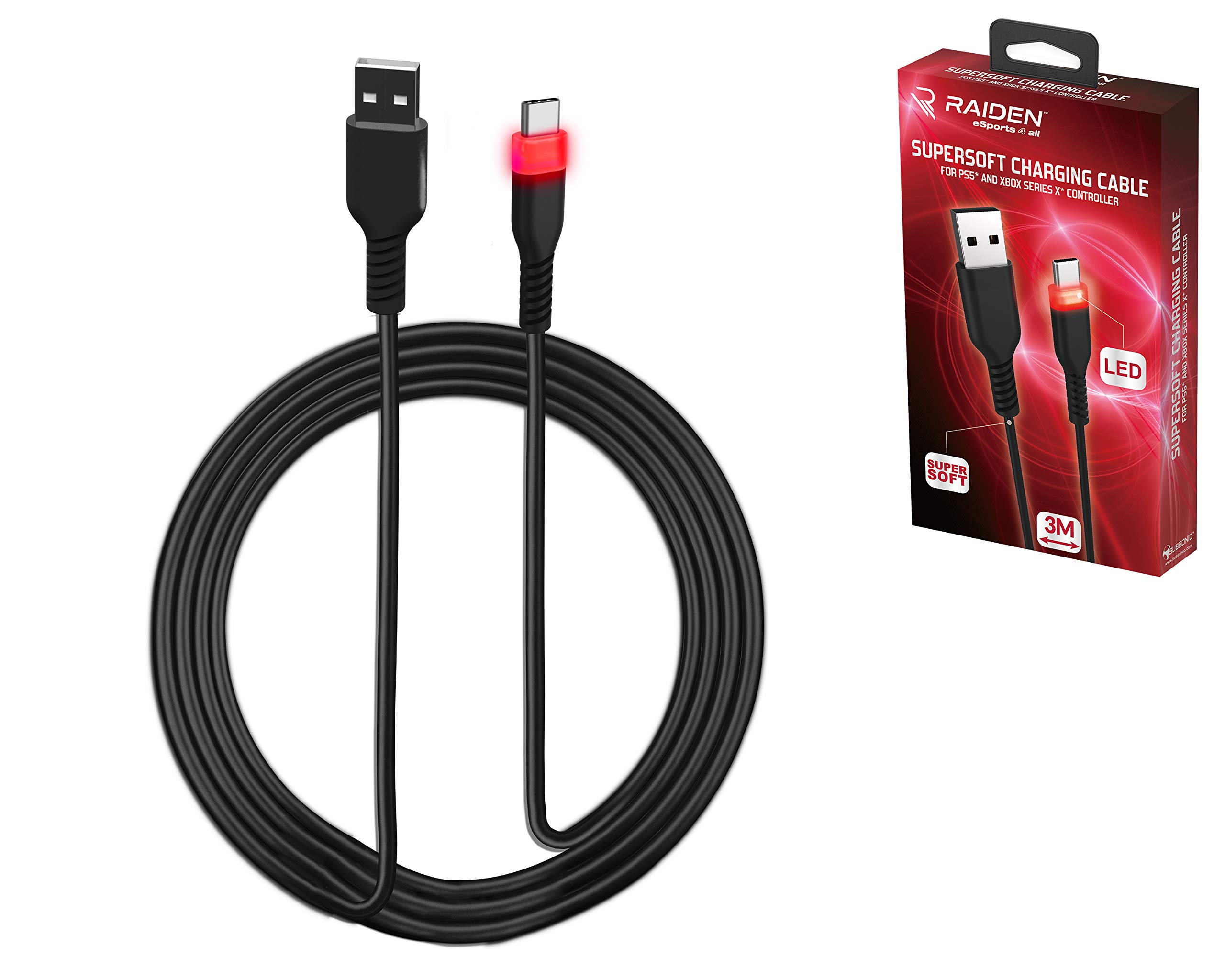 Raiden - USB C Charging and Transfer Cable, Supersoft Anti Knots 3 Meters, LED Backlight for PS5 Controller (PS5//)