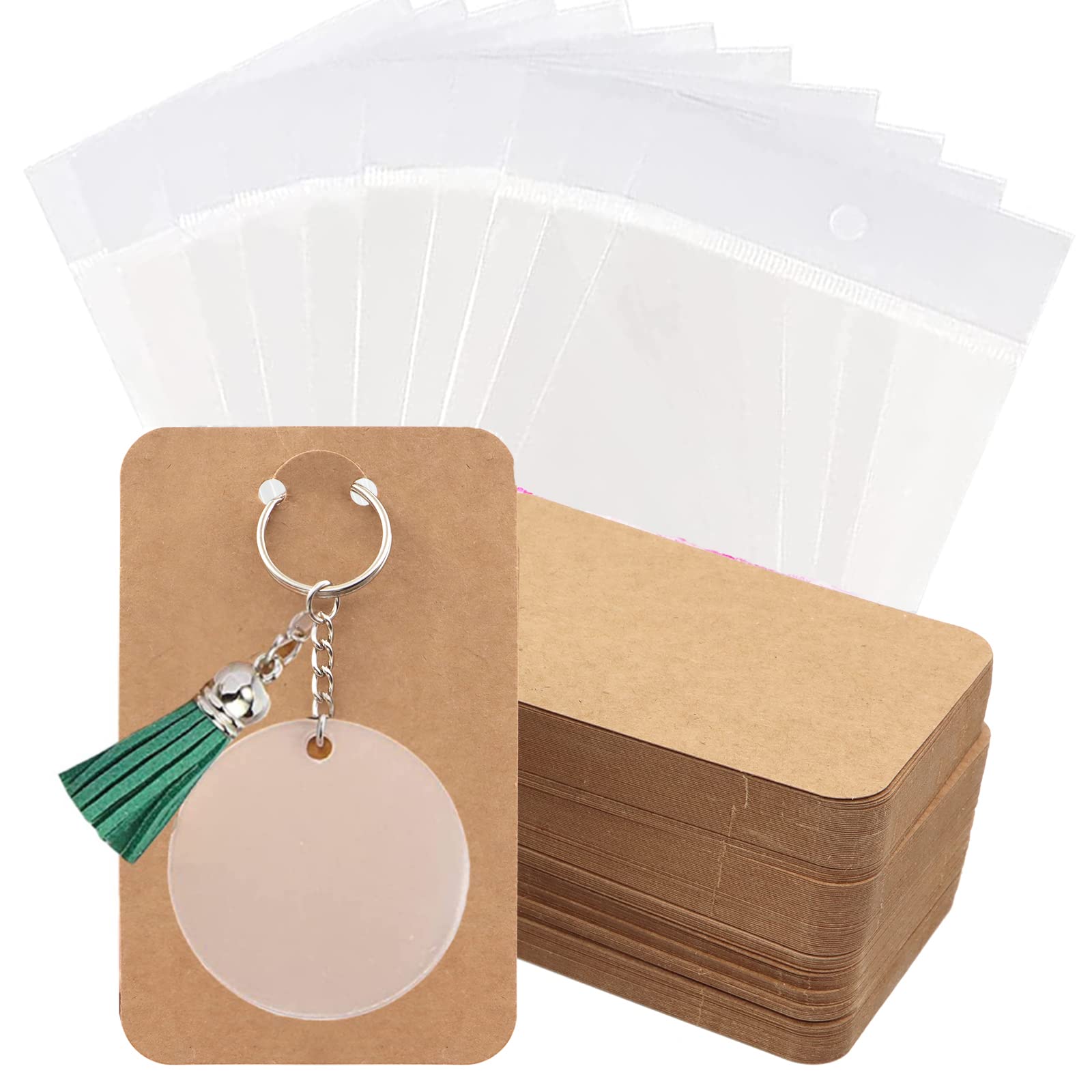 ZYNERY 150 PCS Keychain Display Cards, 3 x 4.7 Inch Keychain Holder with Self-Sealing Bags, Card Display Rack for Displaying Keyring Jewelry Bulk Keychains Packaging Supplies (Kraft)