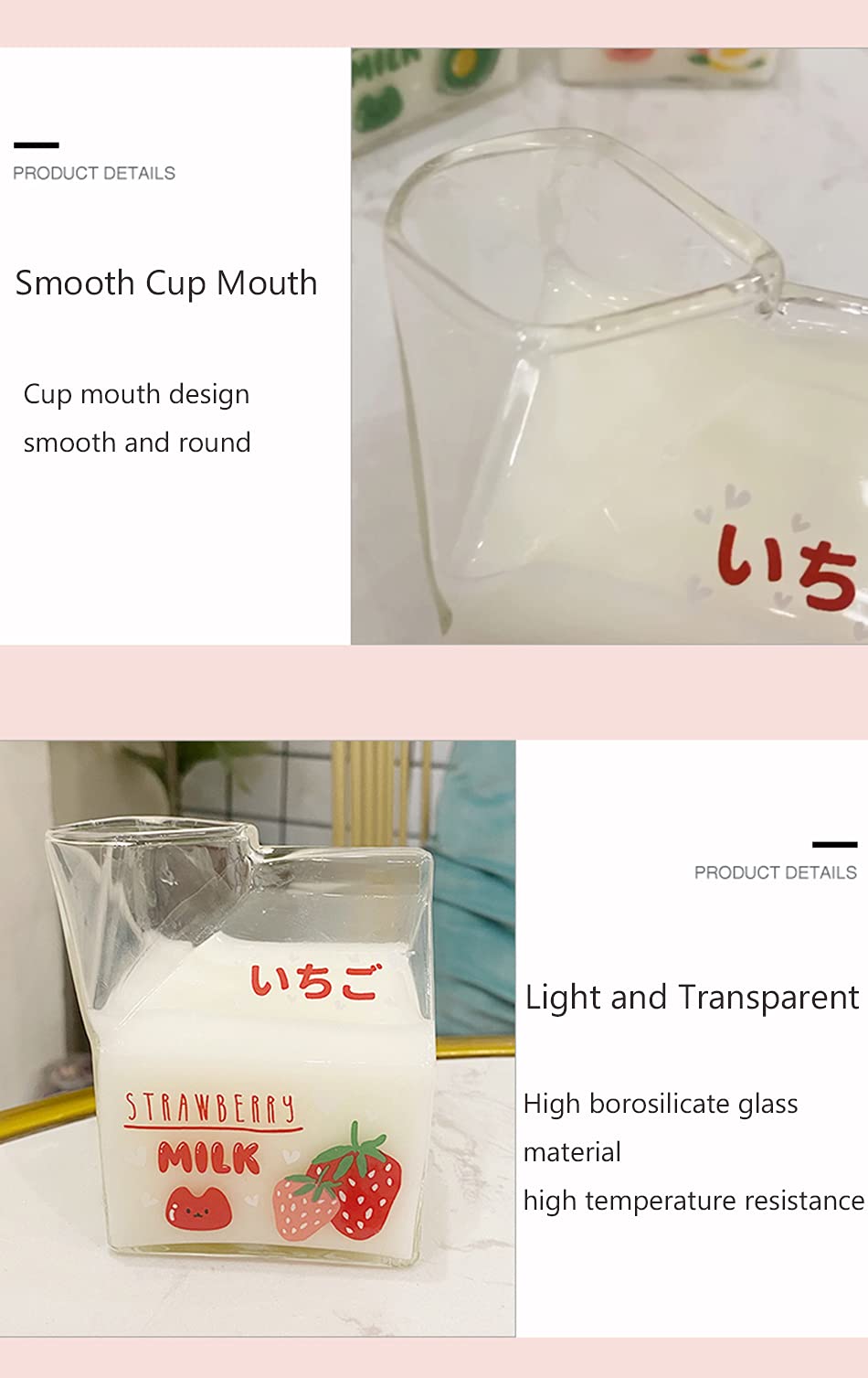 YYSS 380ml Kawaii Milk Glass Cup Creative Square Clear Milk Carton Water Bottle Wholesale Cute Fruit Heat Resistant Breakfast Cups (Peach, 300-400ml)