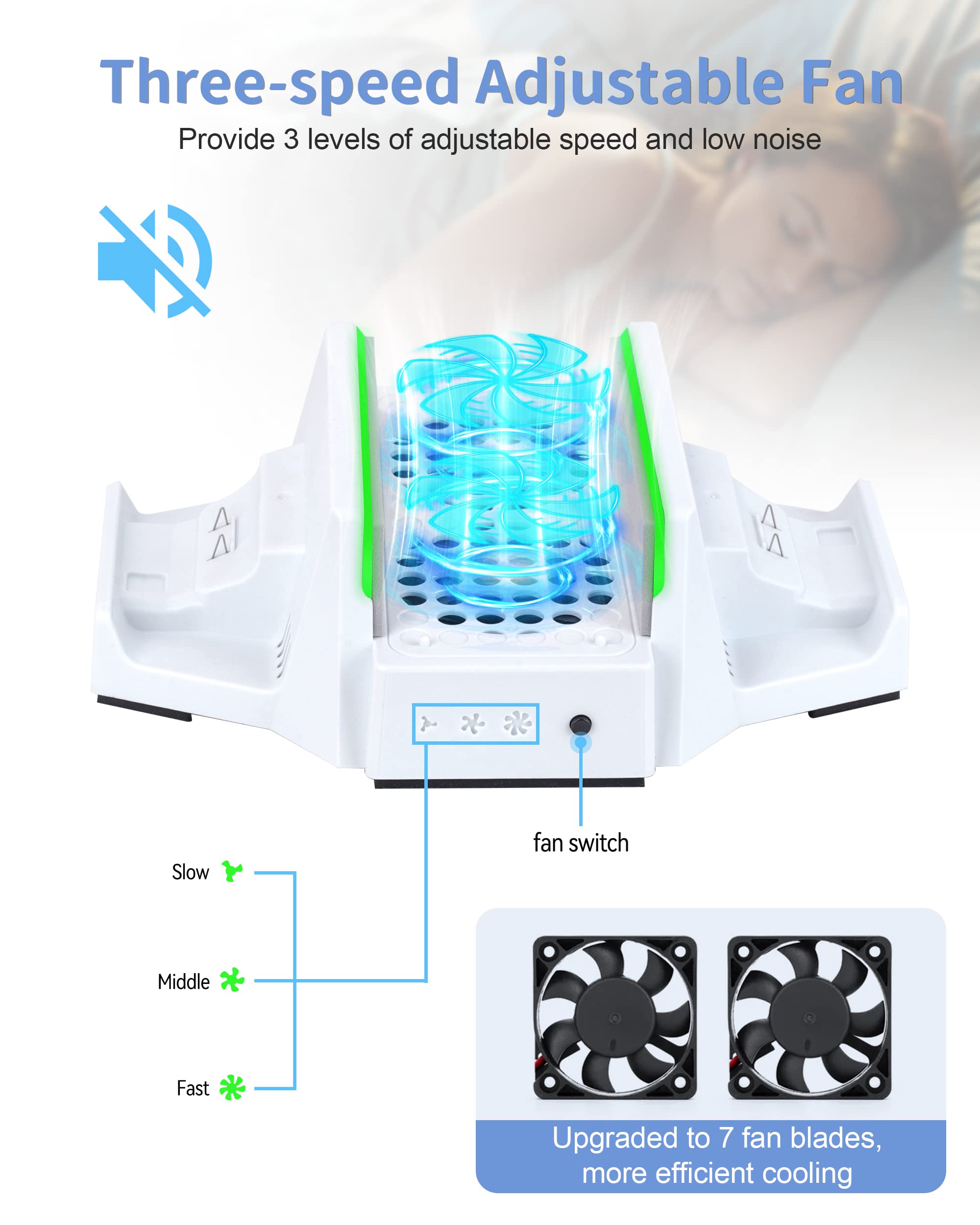 Wiilkac Cooling Stand for Xbox Series S with Dual Cooling Fans 3 Level Adjustable Speed, Cooler Fan with Headphone Hook, Dual Controller Charger, LED Indicator & USB Port