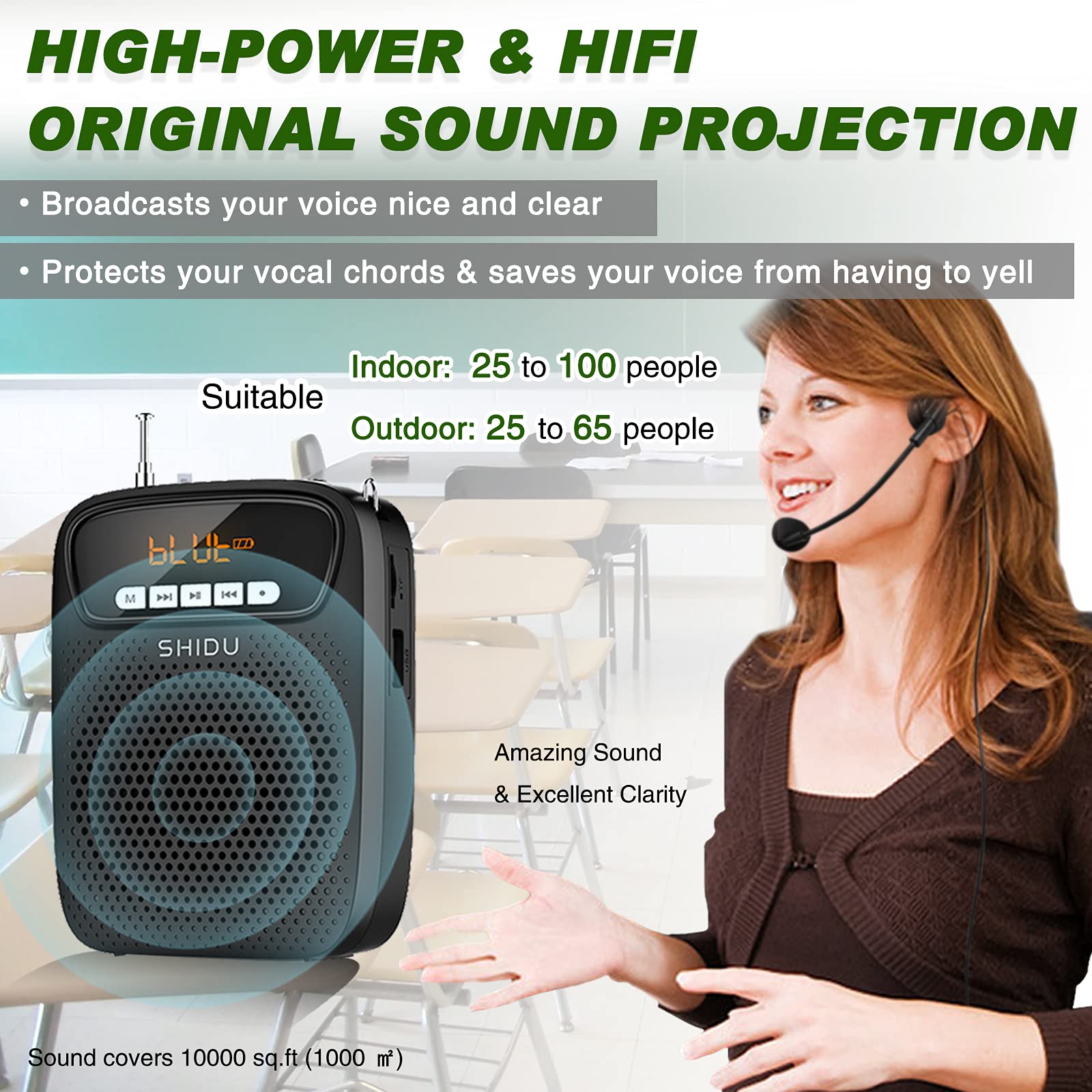 Portable Mini Voice Amplifier Wired Headset Microphone Speaker Set for Teachers 15W Rechargeable Lightweight Personal Mic for Classroom,Tour Guides,Instructors and Presentation