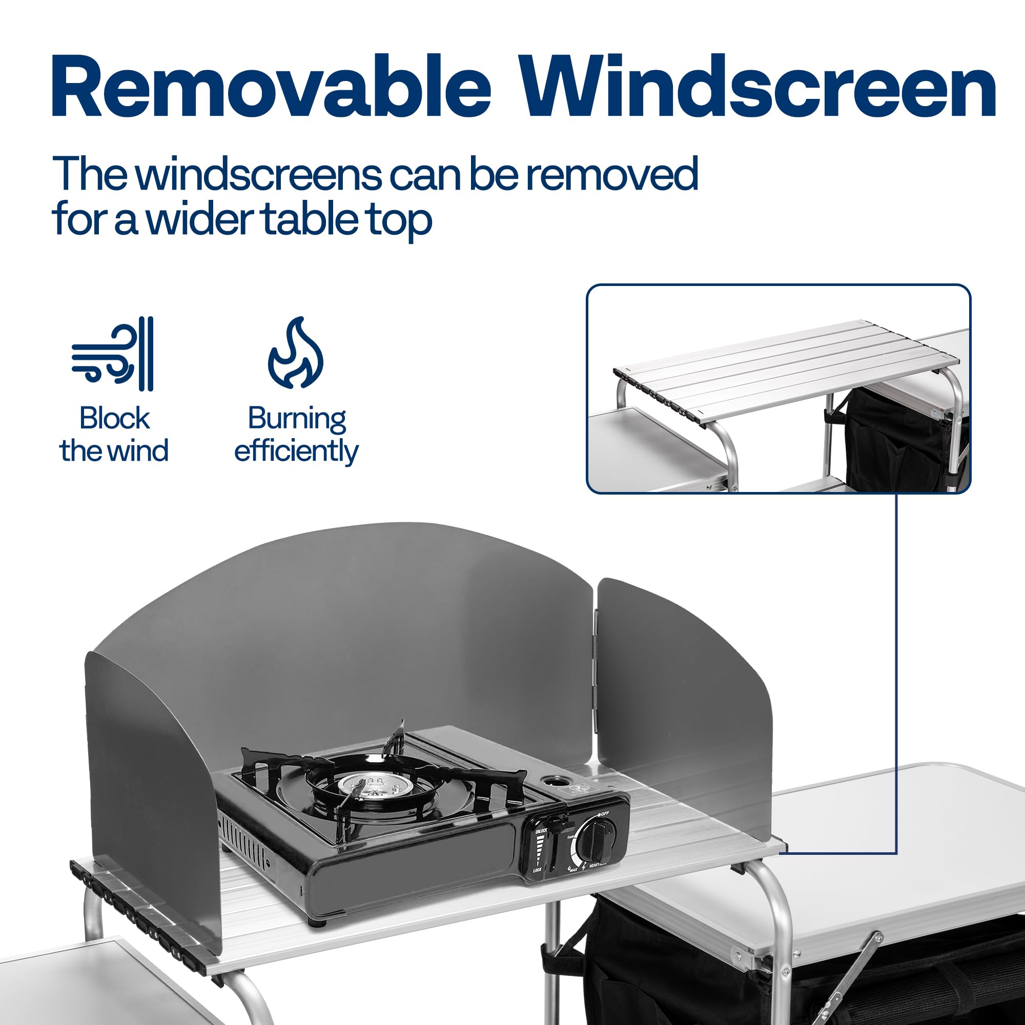 VIVOHOME Folding Camping Kitchen Table with Storage Organizer, 2 Side Tables, Stainless Steel Windscreen, Outdoor Portable Cook Station for BBQ, Picnics