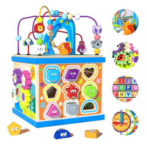 Wooden Baby Activity Cube for Toddlers 3+,5 in 1 Early Educational Montessori Toy for Toddlers,Abacus Blocks Bead Maze Spinning Gear Shape Sorter Learning Clock,First Birthday Gifts for Boys Girls.