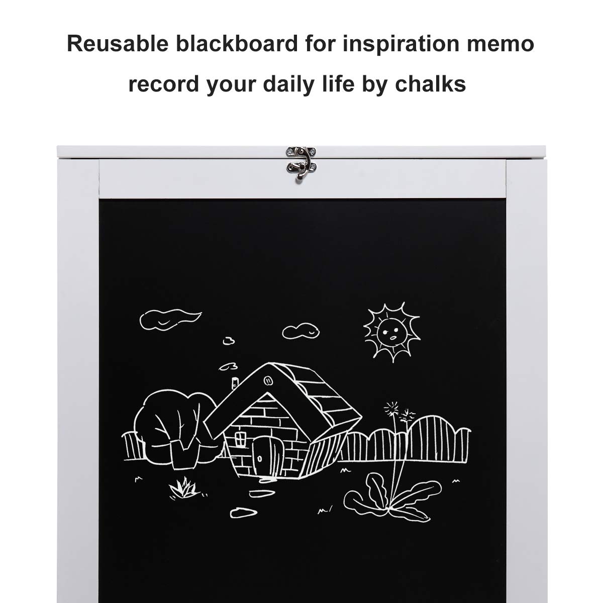 Sandinrayli Wall Mounted Fold Out Computer Laptop Desk with Storage Bookcase & Chalkboard, Convertible Writing Desk, Home Office Furniture, White + Black