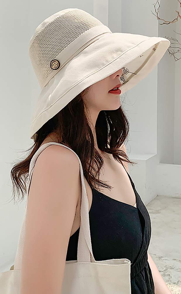 Summer Mesh Sun Hats for Women Lightweight Beach Hat Floral UPF50+ Packable Wide Brim Bucket Hat with Chin Strap Beige