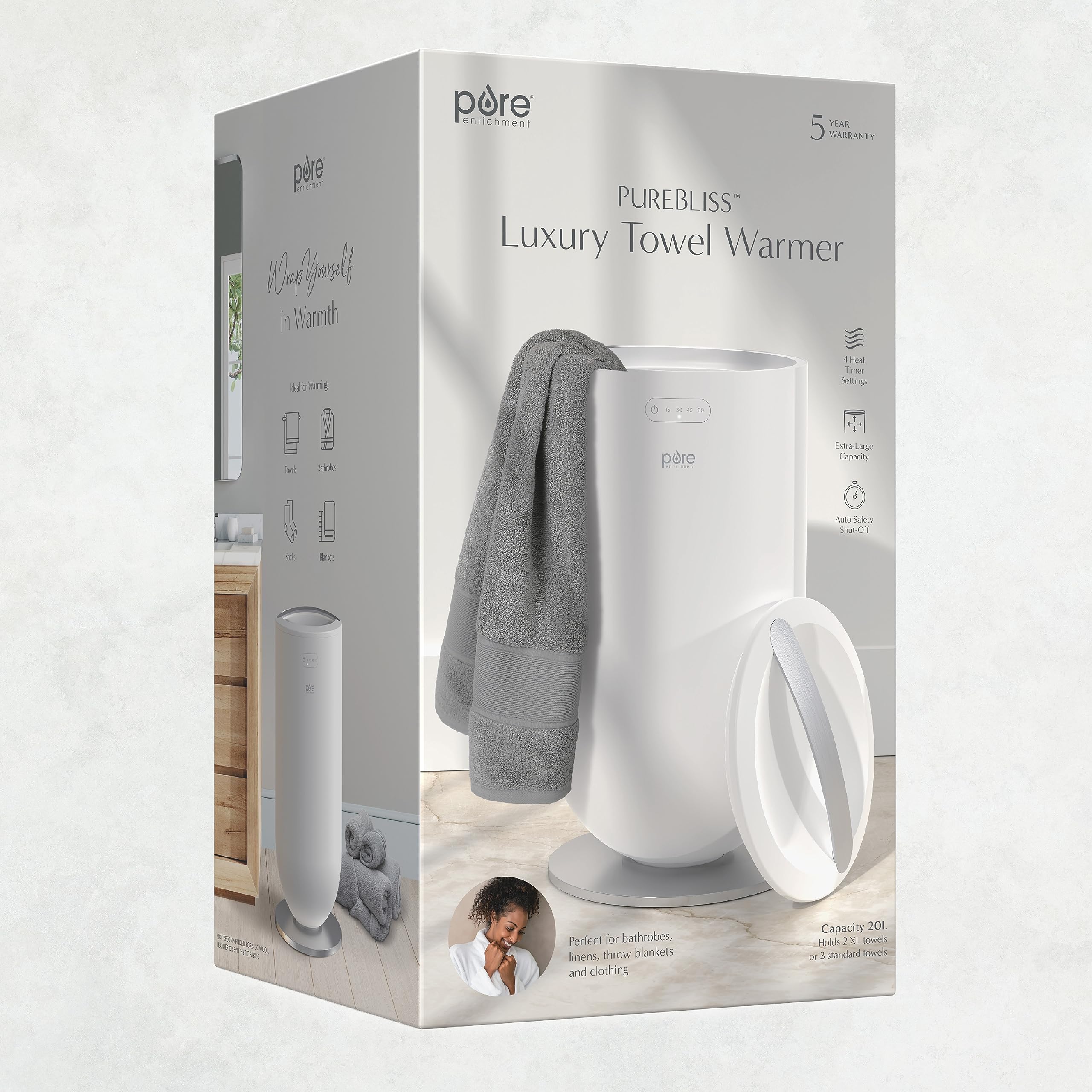 Pure Enrichment® PureBliss™ Luxury Towel Warmer - Extra Large 20L Heats Baths, Towels, Robes, Blankets, or Clothing - Modern Bucket Design, 4 Heat Timer Settings & Auto Shut-Off (White & Silver)