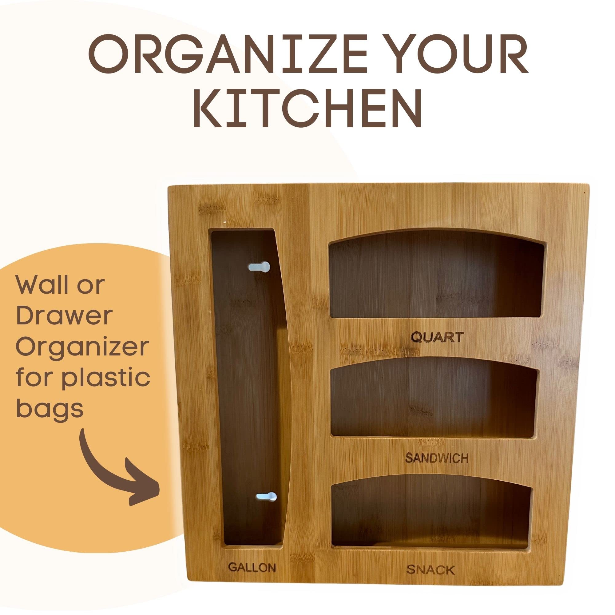 Ziplock Bag Organizer - Bamboo Sandwich/Storage Bag Organizer Kitchen Drawer or Wall, Food Storage Bag Organizer, Fits Four (4) Bag Sizes, Universally Compatible