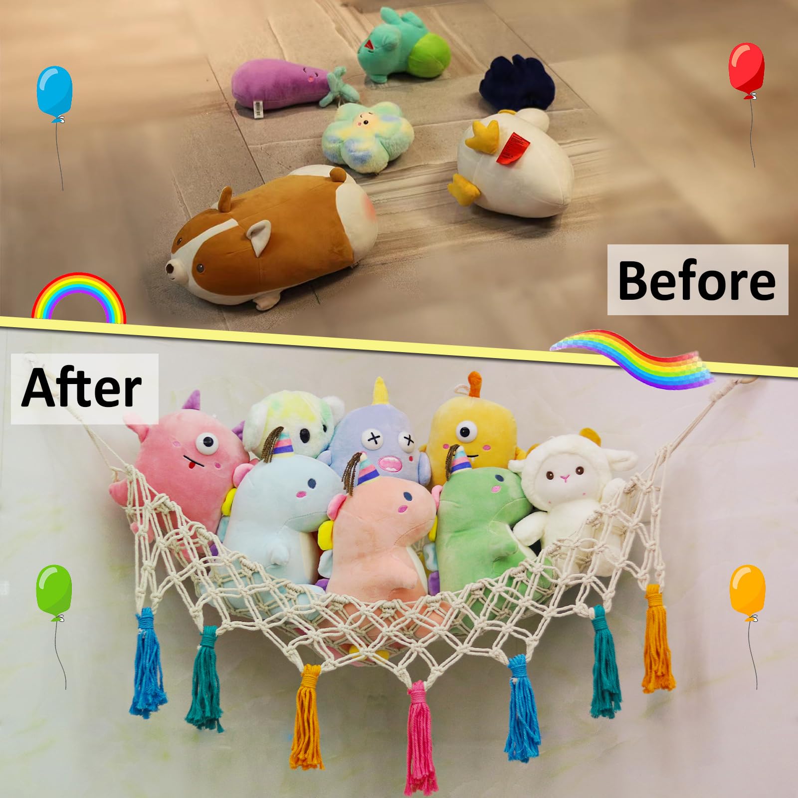 Stuffed Animal Net or Hammock, Macrame Boho Plush Toy Net Hammock for Stuffed Animals Pet Net, Stuffed Animals Corner Hanging Stuffed Animal Storage Holder Net for Kids Room Nursery Playroom