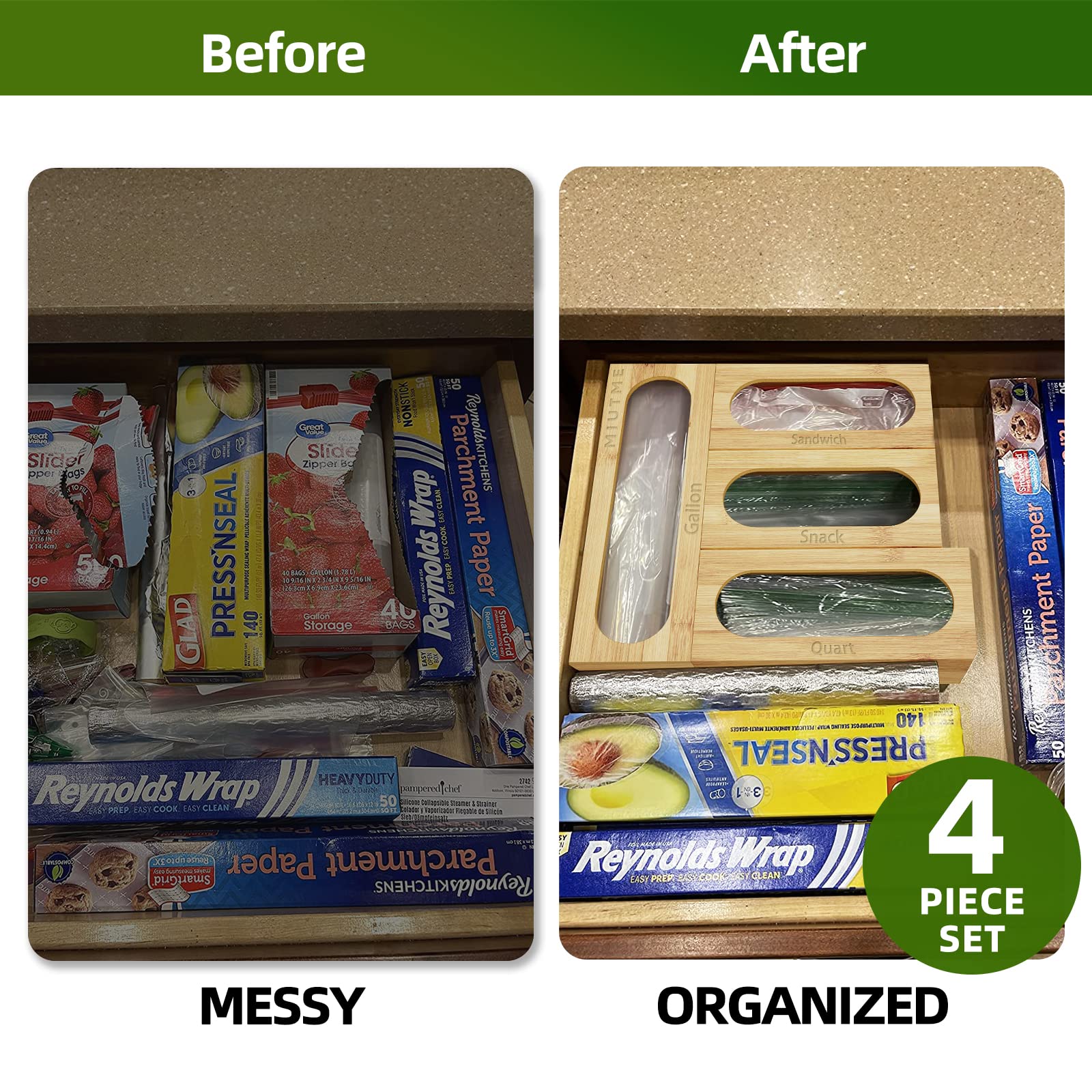 Ziplock Bag Storage Organizer for Drawer with Bigger Quart Box Bamboo Baggie Storage Organizer Kitchen Food Holders, Gallon Quart Snack and Sandwich Bag Variety Size Dispenser,4 Pack