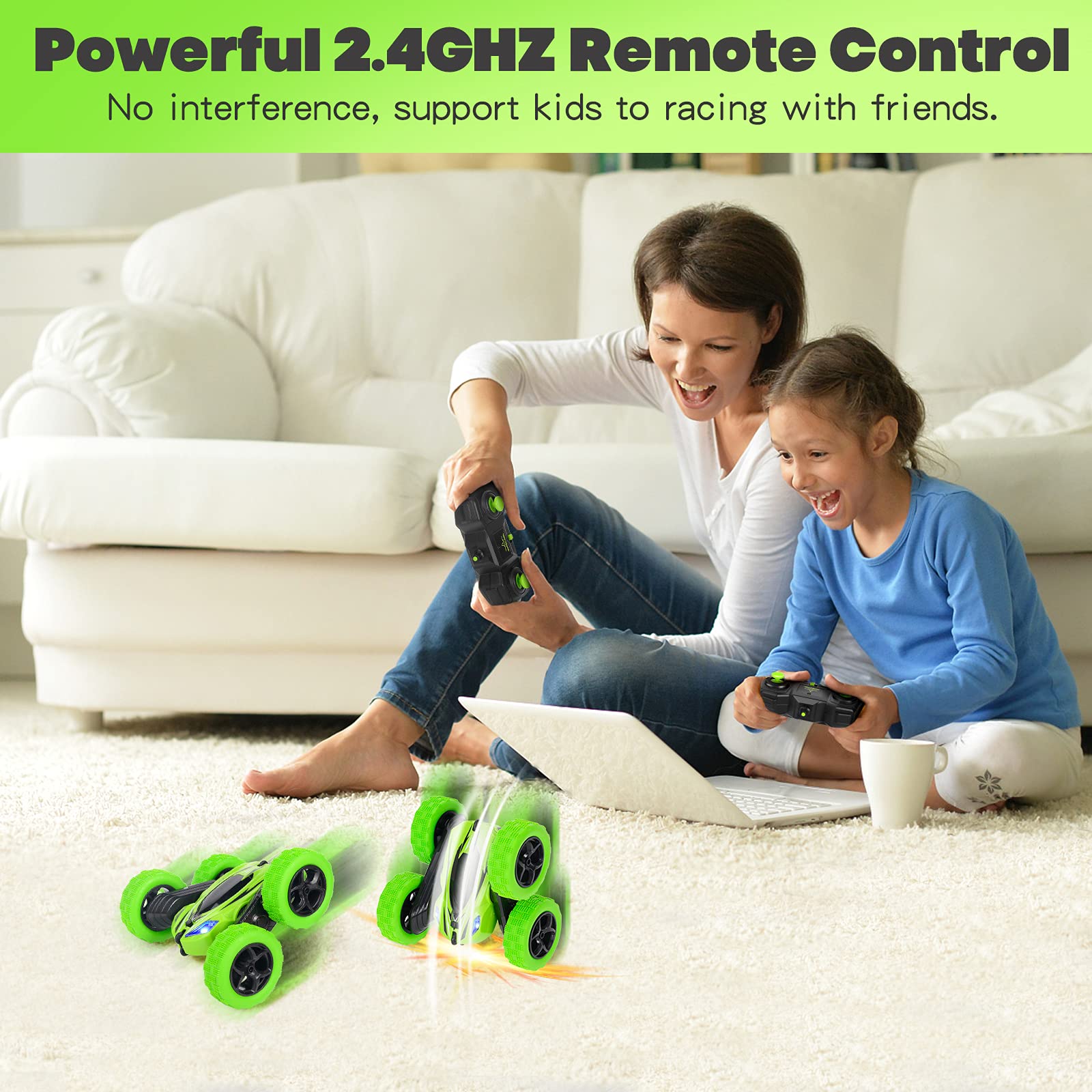 Rcfunkid Remote Control Car, 4WD RC Cars with Double Sided 360 Degrees Tumbling and Rotating, 2.4GHZ RC Stunt Car with LED, Remote Control Car for Boys and Girls 4-7