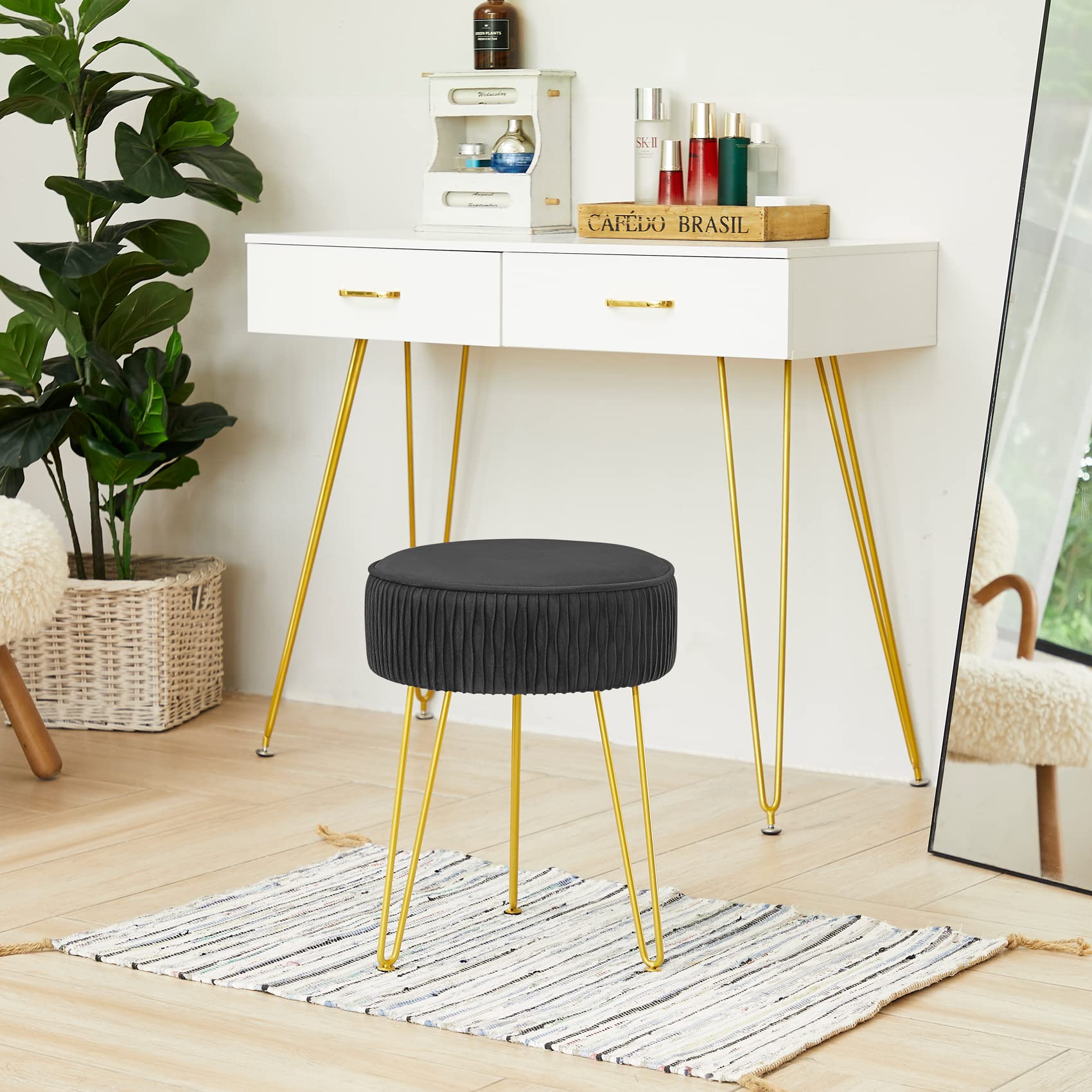 MOOWIND Vanity Stool for Makeup Room Bedroom, Modern Multifunctional Vanity Stools Chair Round Ottoman Velvet Upholstered Seated Foot Rest Dressing Stool with Golden Leg, Side Table End Table,Black